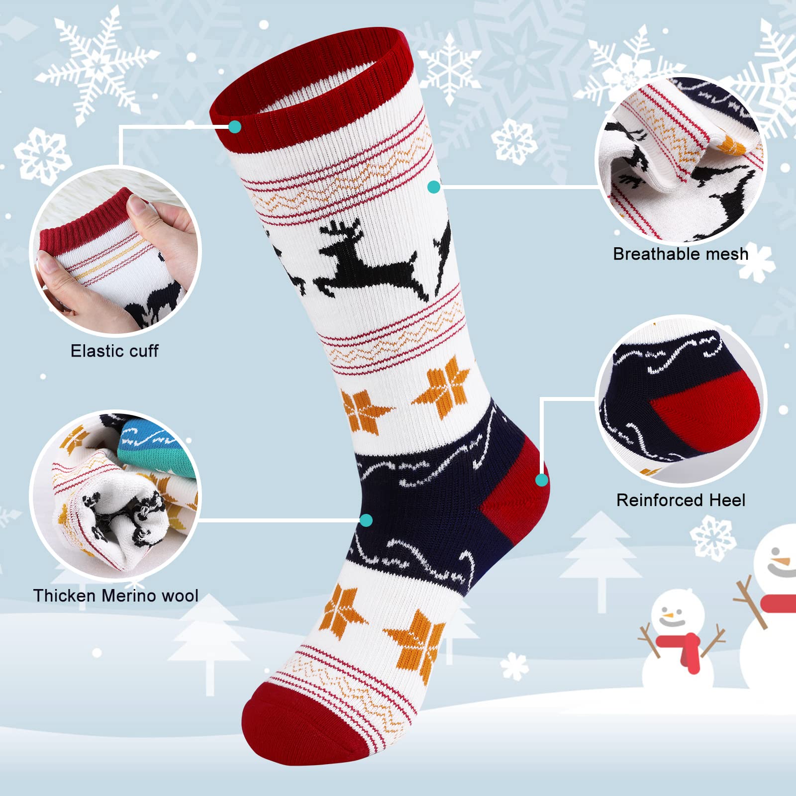 Kids Winter Ski Socks, Warm Socks for Boys Girls Skiing Snowboarding Ages 5-8 Years (S, Orange+Blue+Red)