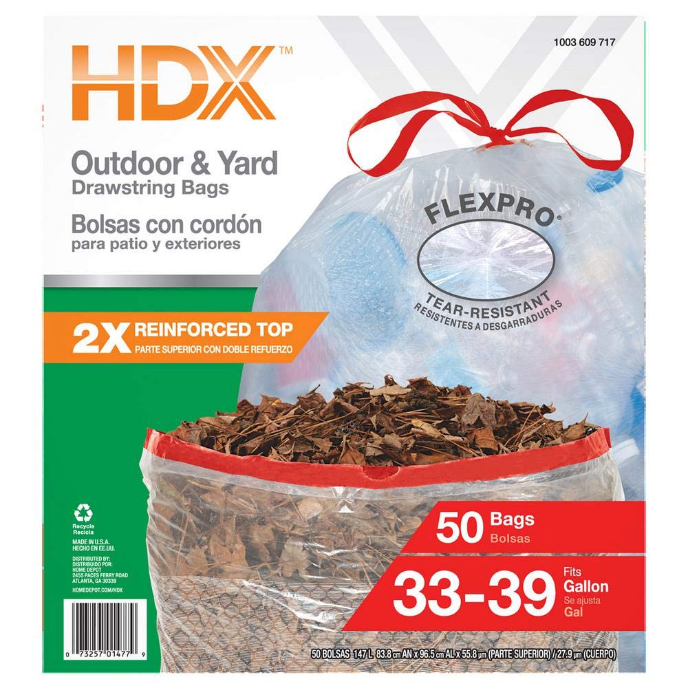 HDX FlexPro 33 Gal. - 39 Gal. Clear Drawstring Outdoor and Yard Trash Bags (50-Count)