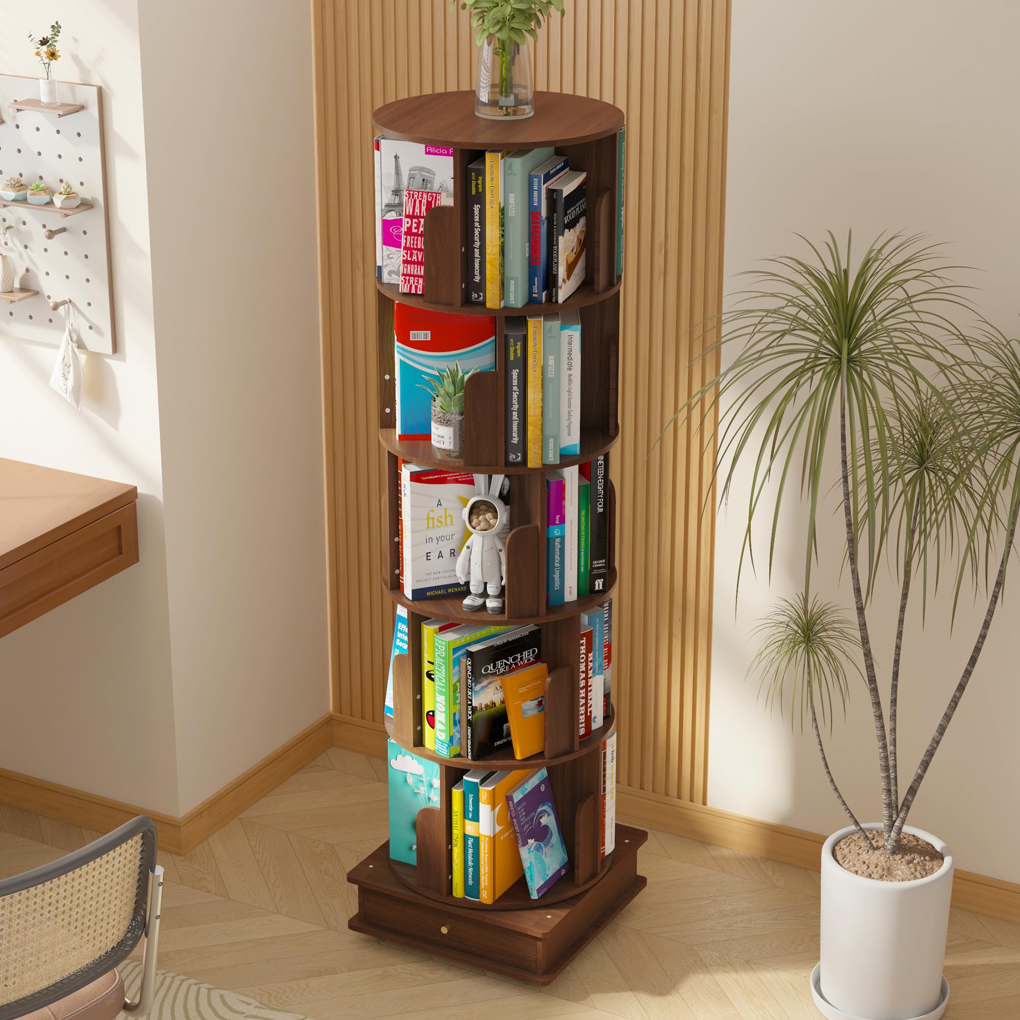RNE Solid Wood Rotating Bookshelf Tower, 360 Rotating Bookshelf, Mobile Bookcase with Drawers and Wheels, for Bedroom, Living Room, Office (Walnut, 6-Tier)