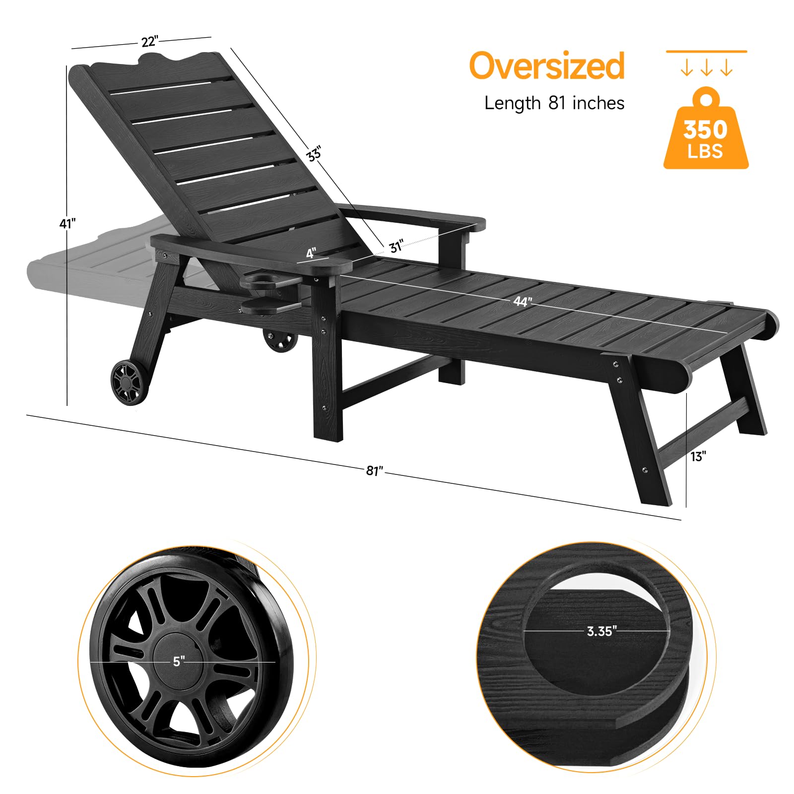 ONBRILL Patio Chaise Lounge Set of 2, Outdoor Lounge Chairs with 5-Level Adjustable Backrest, CupHolder, No Rust, No Fade, No Break, 350lbs Capacity, HDPS Material, Blue