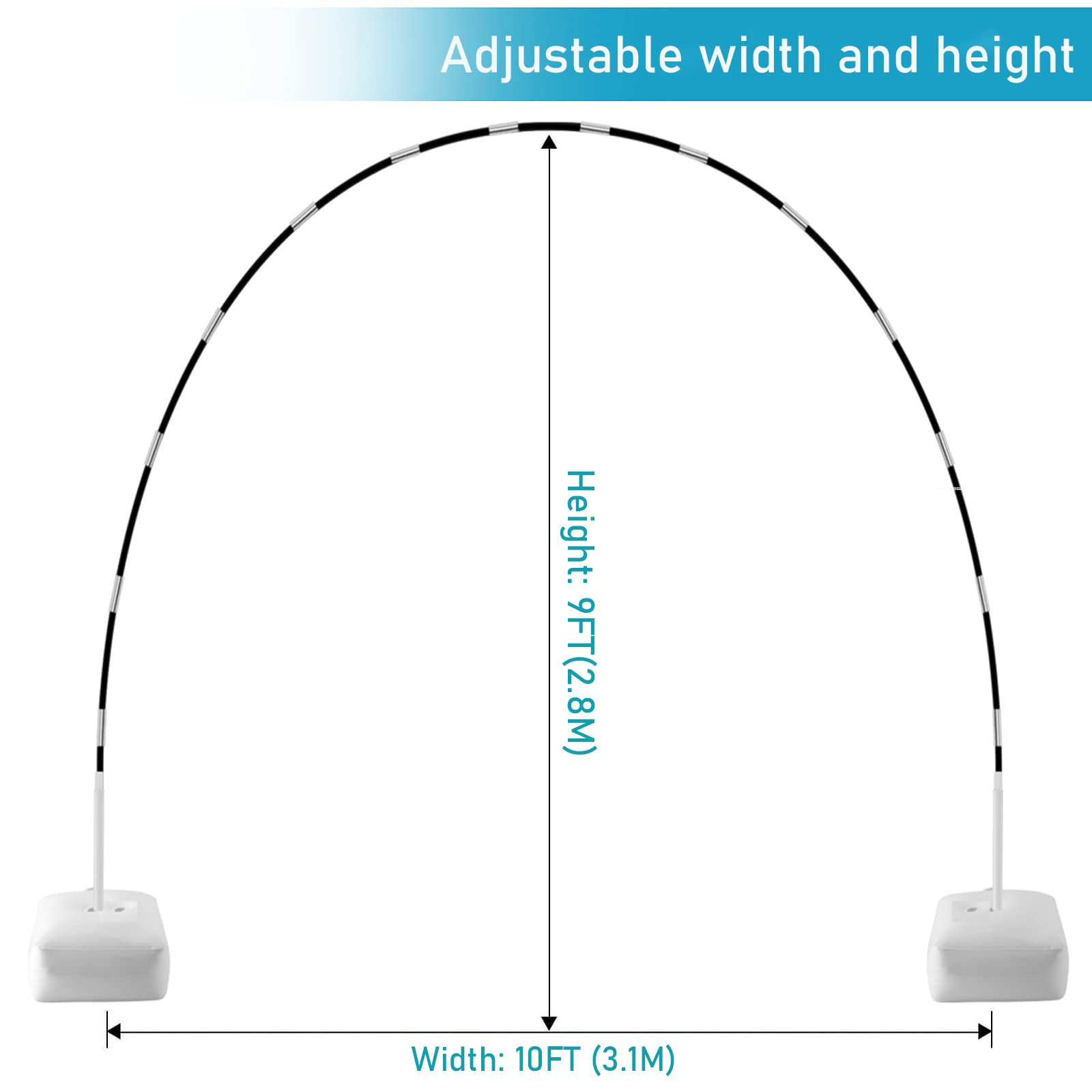 Improved Balloon Arch Kit, 10ft Wide & 9ft Tall Adjustable Balloon Arch Stand with Thicken Water Fillable Base, 50pcs Balloon Clip, Balloon Pump, Ground Nails for Wedding, Graduation, Birthday Party
