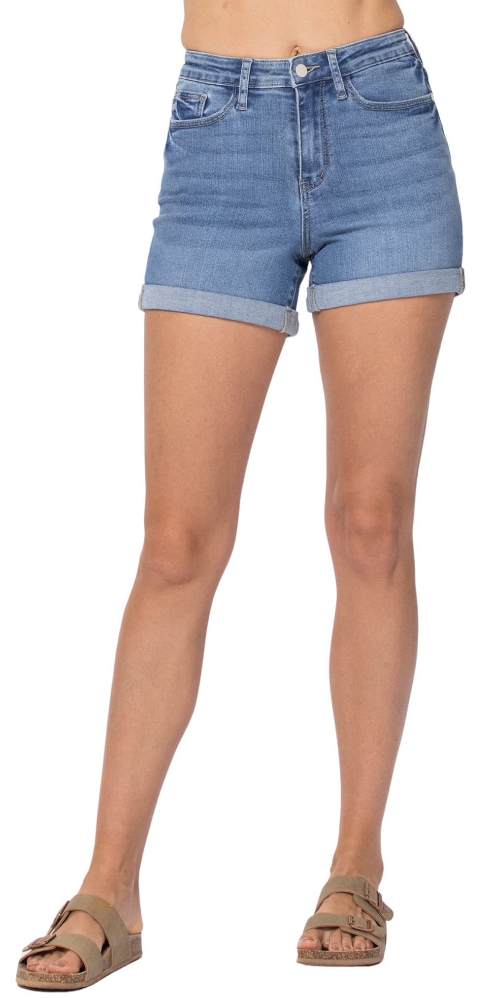 Judy Blue Women's High Rise Open Seam Cuffed Shorts (2XL, Light Blue)