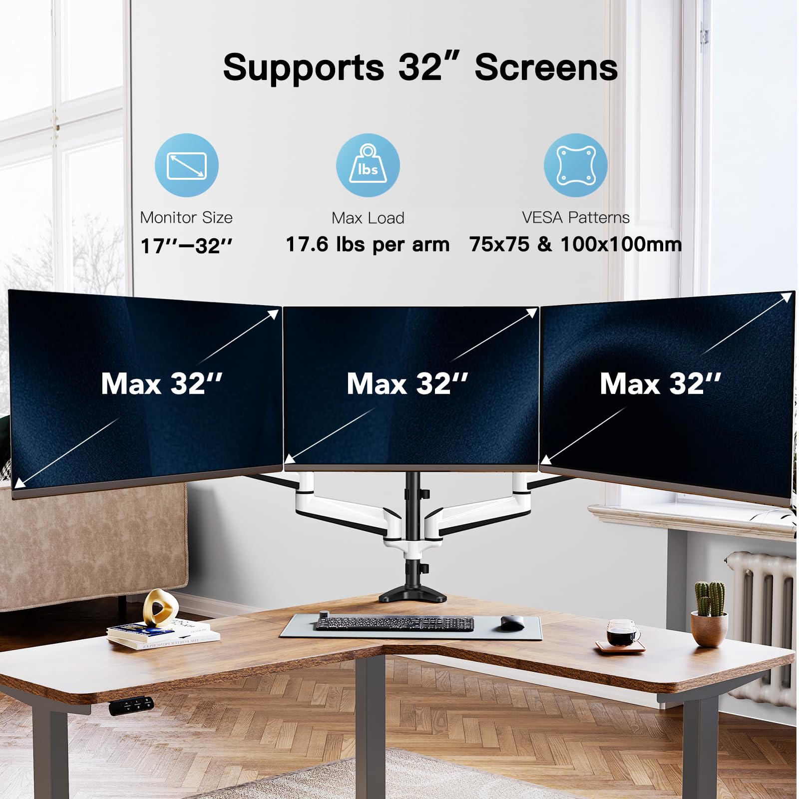 HUANUO Triple Monitor Stand - Full Motion Articulating Gas Spring Monitor Mount Fit Three 17 to 32 inch LCD Computer Screens with Clamp, Grommet Kit