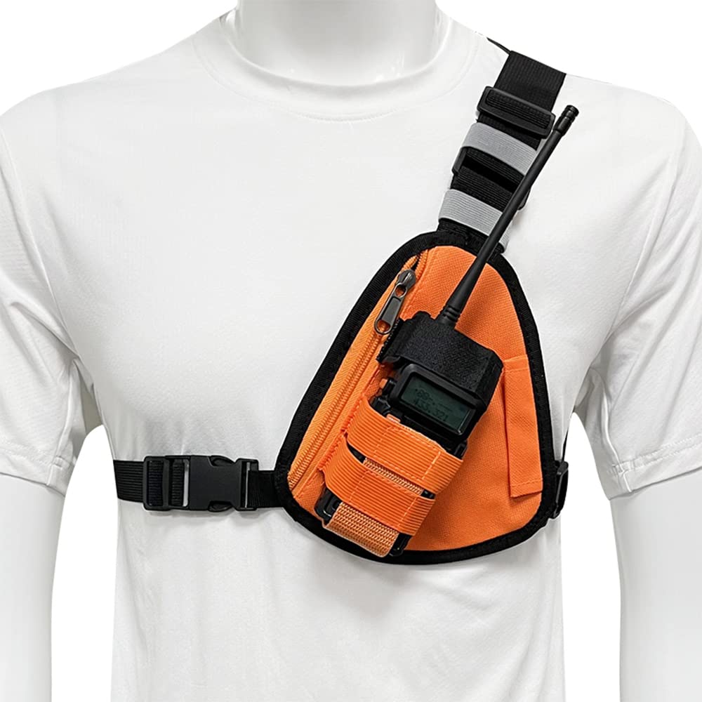 LSENG Radio Chest Harness Shoulder Radio Holster Chest Pack Adjustable Single Radio Pouch Two-Way Radio Holster for Motorola Radios and BAOFENG Walkie Talkies etc. (Orange)