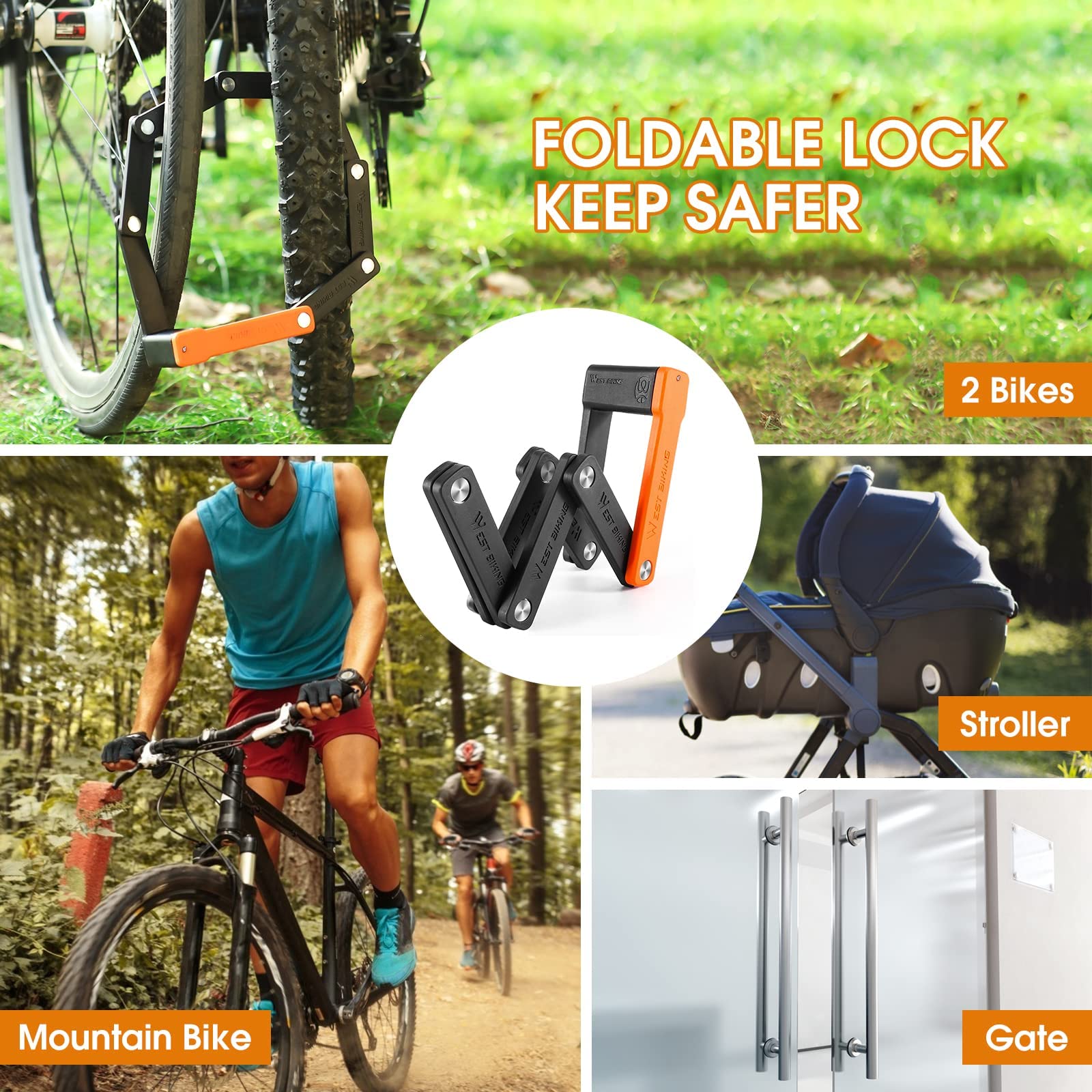 Kingsea Compact Folding Bike Lock,63 Cm Anti Theft Security Bicycle Locks, Bicycle Security Chain Lock with Bracket for Electric Bikes/Scooters Mountain Bike with 3 Keys