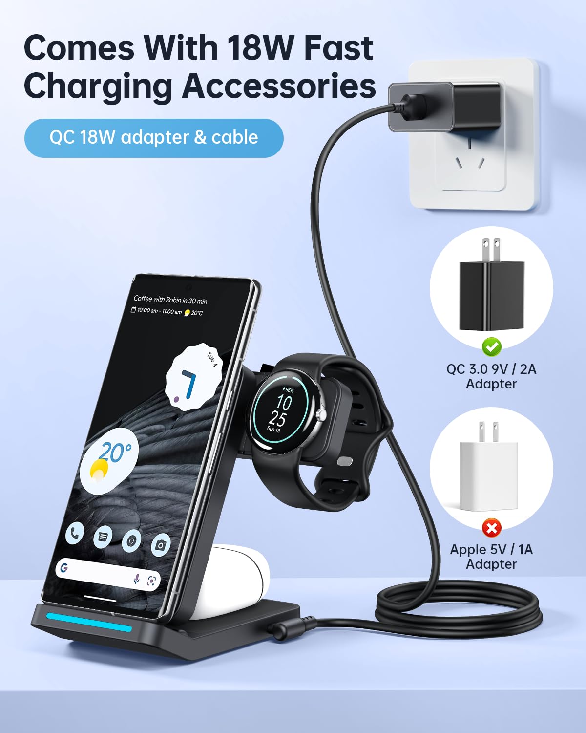 Houflody 3 in 1 Foldable Wireless Charging Station for Google Pixel Watch 1, Pixel Buds Pro and Google Phones Fold/8 Pro/8/7 Pro/7a/7/6 Pro/6/5/4/3/XL, Wireless Charger with QC 18W Adapter, Black