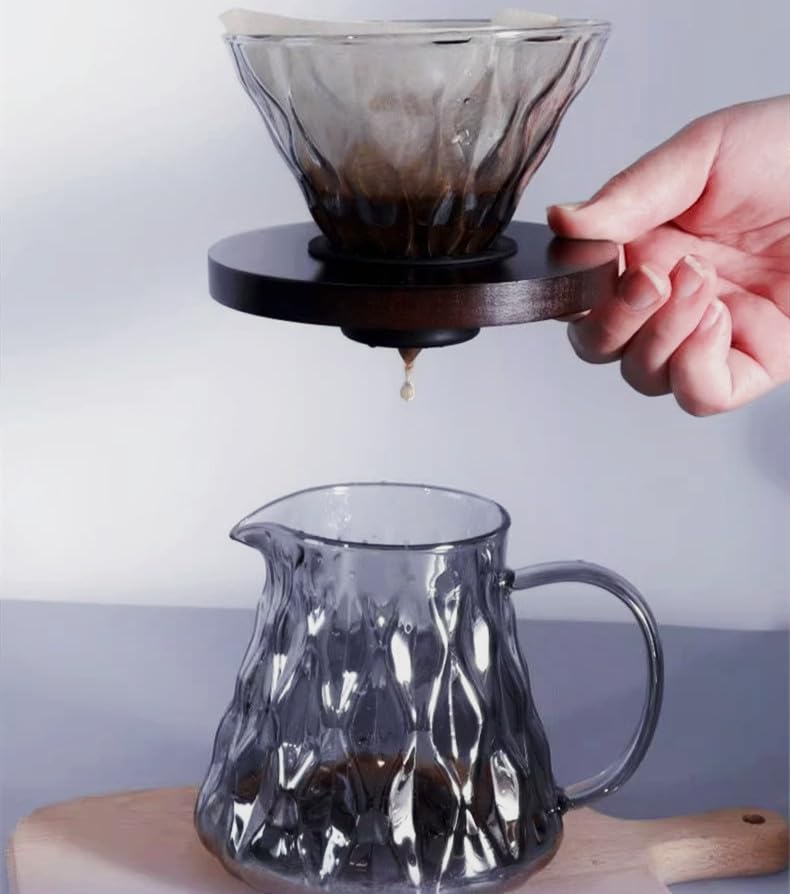 HYAXGM Pour Over Coffee Maker, 20oz/600ML Glass Carafe with Glass Coffee V60 Paper Filter 100 Sheets,Glass Pour Over Coffee Dripper With Wooden Base Stand,Drip Coffee Maker Set for Home or Office