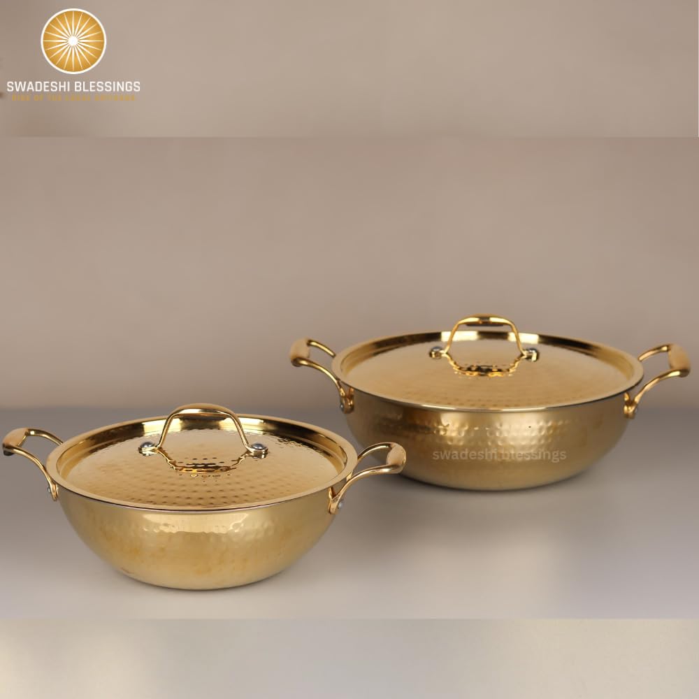 Swadeshi Blessings Exclusive Range Brass Kadai for Cooking with Lid/Teflon-Free/Naturally Non-Stick Brass Utensils with Tin Coating (2 Litres)