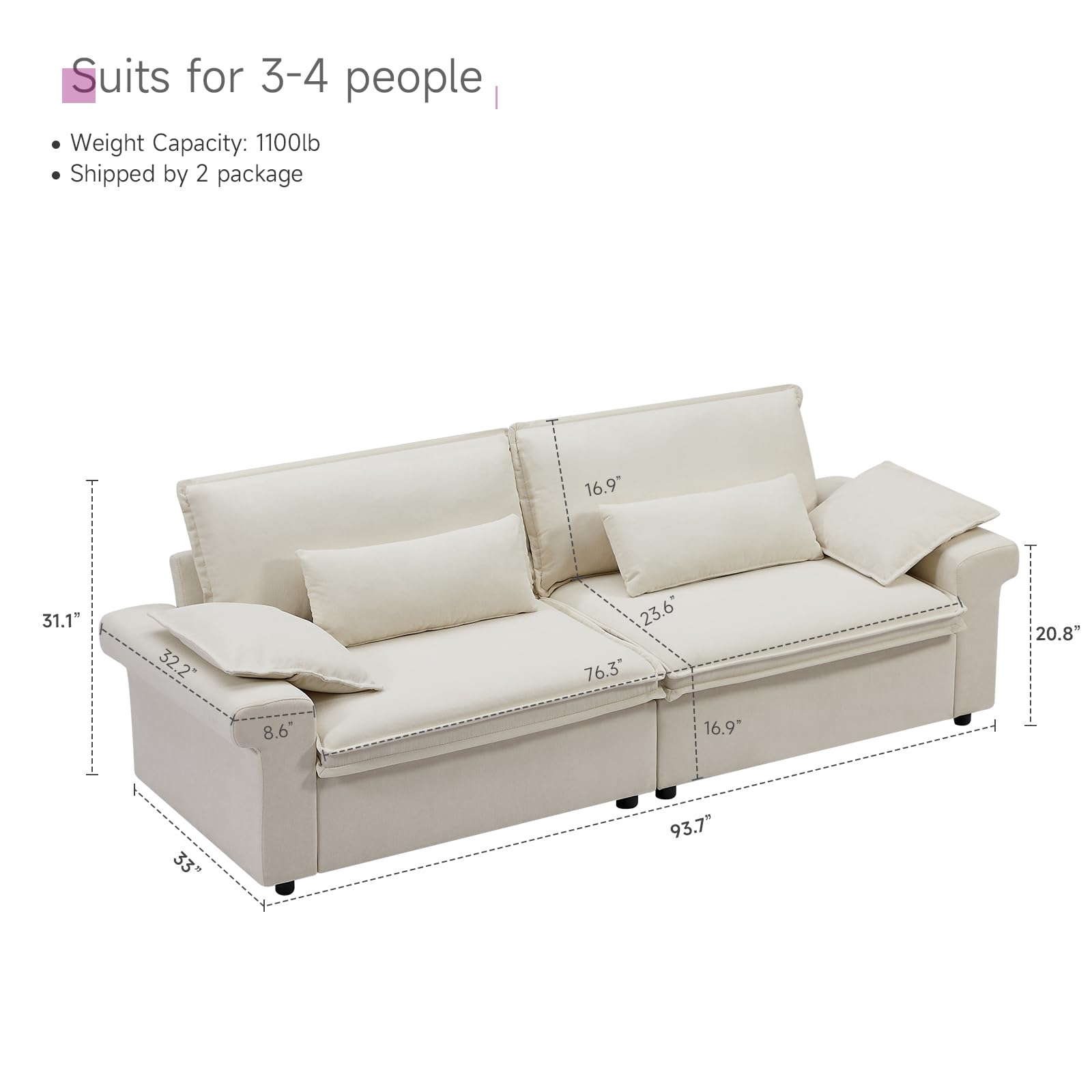 Sivoey 3 Seater Sofa with Deep Seat, 94" Mid Century Modern Upholstered Sofa with Armrests, Tools-Free Assemble, Comfy Chenille Beige Loveseat Couches for Living Room, Bedroom, Apartment and Office