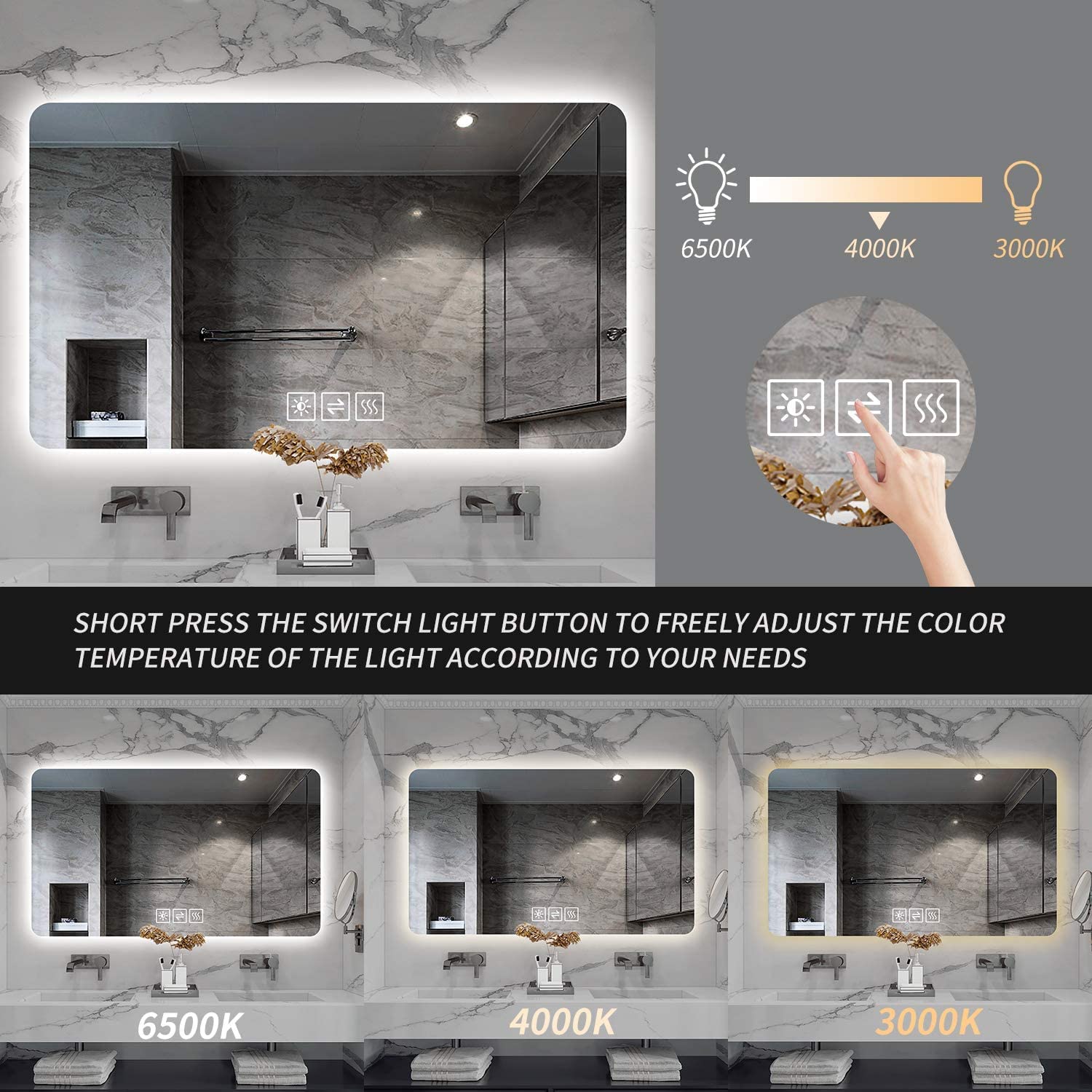 LAIYA 23.5βX47.5β Bathroom Vanity Mirror with Lights, Wall-Mounted Led Black Mirror for Bathroom Anti-Fog Waterproof, Light Adjustment Intelligent Touch Button Horizontal