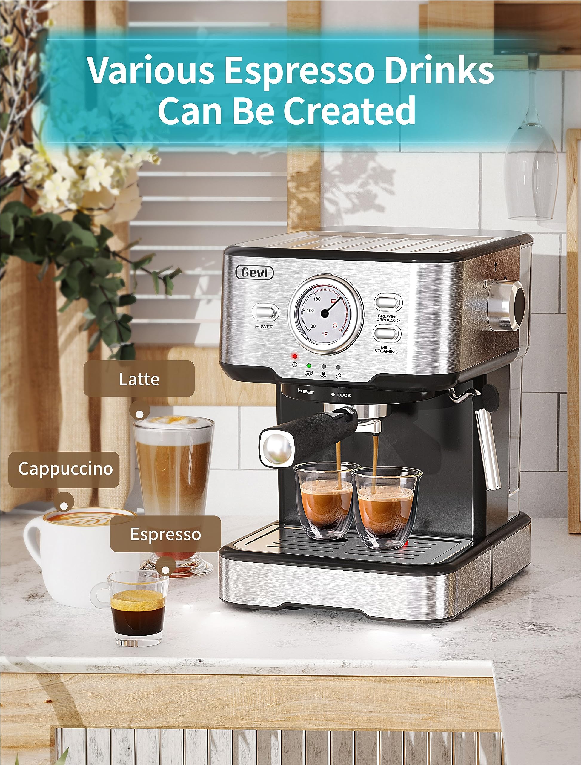 Gevi 20 Bar Compact Professional Espresso Coffee Machine with Milk Frother for Espresso, Latte and Cappuccino Burr Coffee Grinder with 35 Precise Grind Settings, Beige
