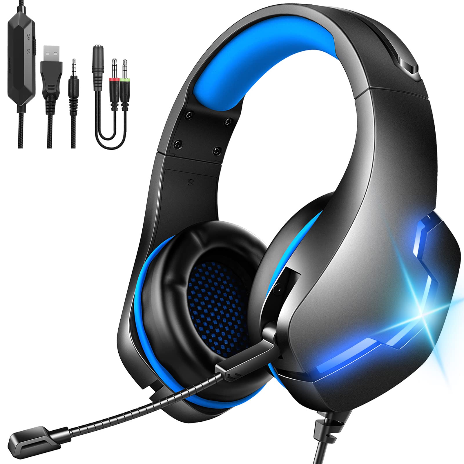 Kicoeon Gaming Headset with Microphone for PC PS4 PS5 Xbox One, Gaming Headphones 7.1 Surround Sound, Soft Memory Earmuffs, LED Light, Lightweight Over Ear Headset Wired for Switch Mac Laptop