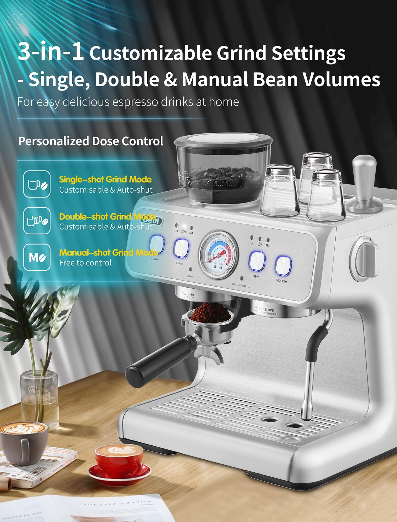 Gevi 20Bar Semi Automatic Espresso Machine With Grinder & Steam Wand β All in One Espresso Maker & Latte Machine for Home Dual Heating System