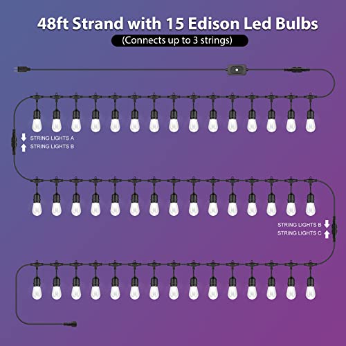 Mlambert 144Ft(3x48ft) Multicolor Outdoor Patio Lights, Dimmable RGB Cafe String Lights with 45+6 Waterproof LED Bulbs for Garden Bistro-Black 3 Pack