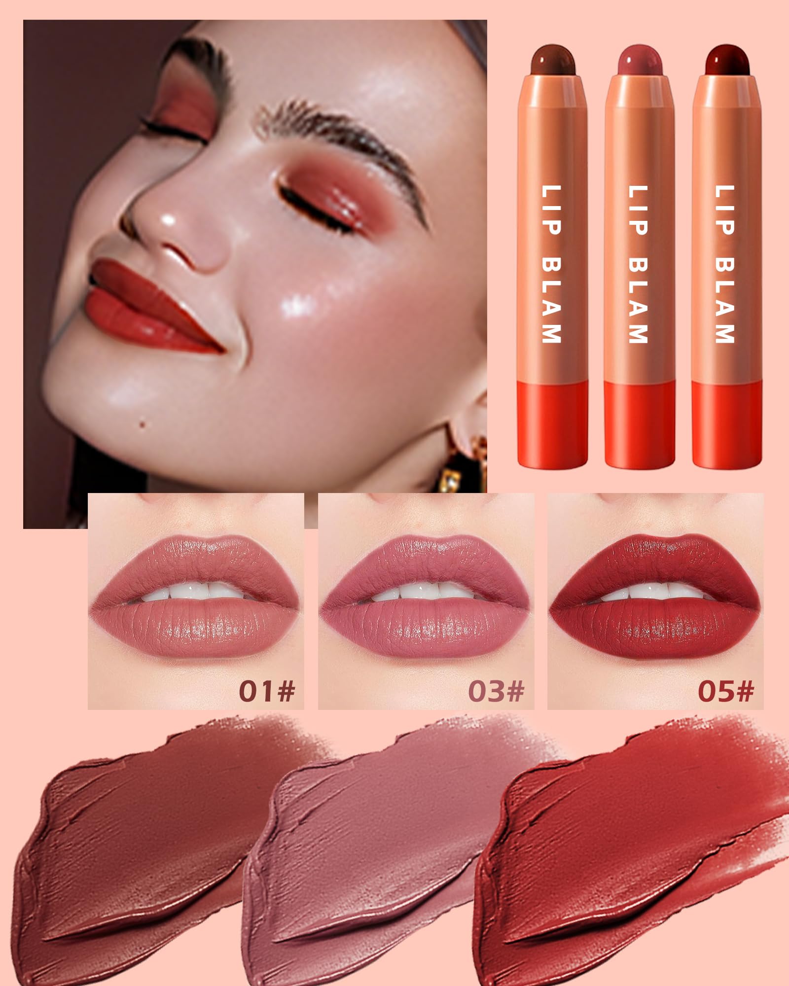Hydrating Tinted Lip Balm Set-3Pcs Natural Gloss Lip Balm Plumper,Long Lasting Lipgloss Creamy Lipstick,Lightweight High-Pigment Lip Stain Pen Lip Crayon Stick, Christmas Makeup Gift for Women-Set A