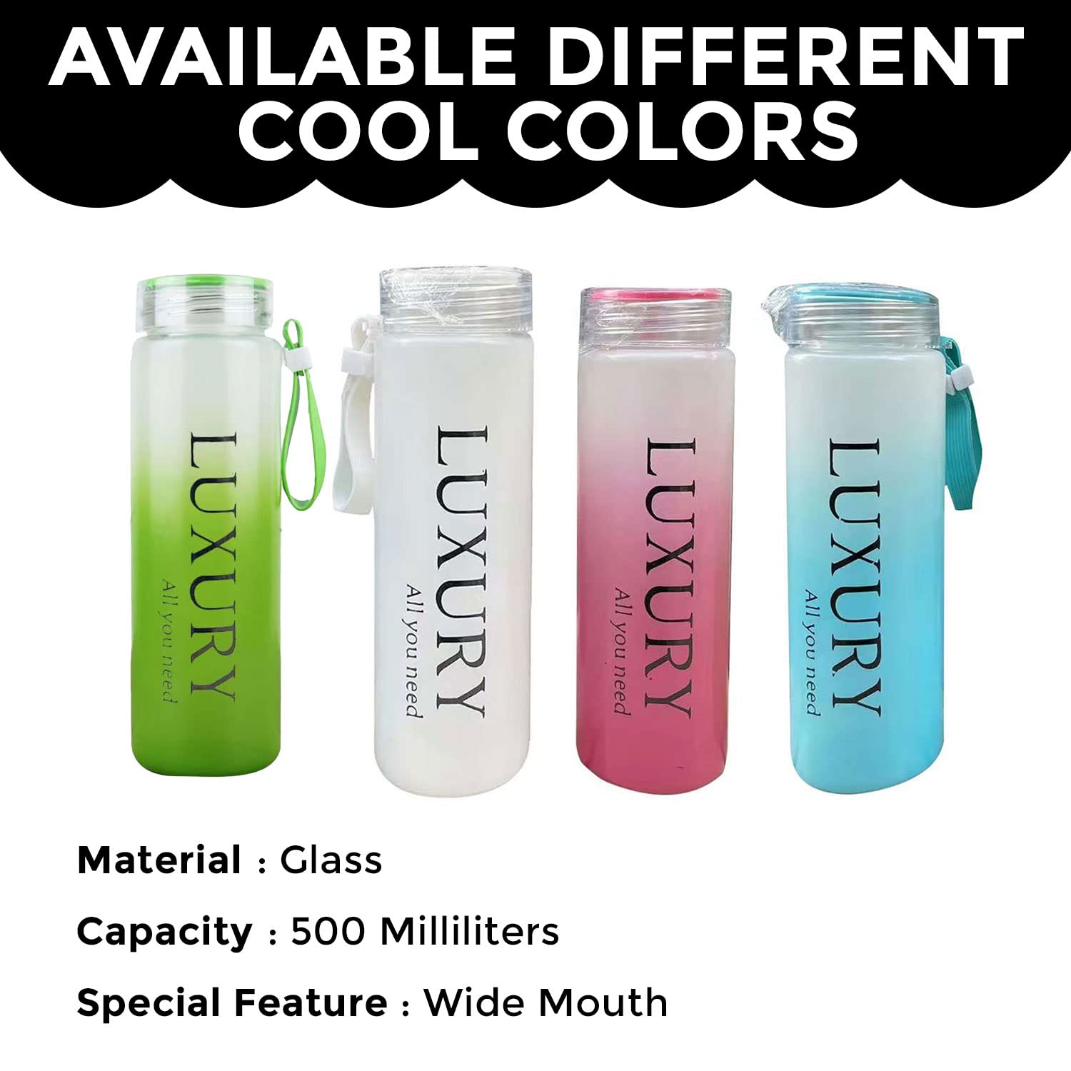 Luxury All you Need Water Bottles, Frosted Glass Drinking Bottle, Sublimation Bottle, Gradient Screw Cap Bottle With Handle Strap, Travel Water Bottle (White Gradient)