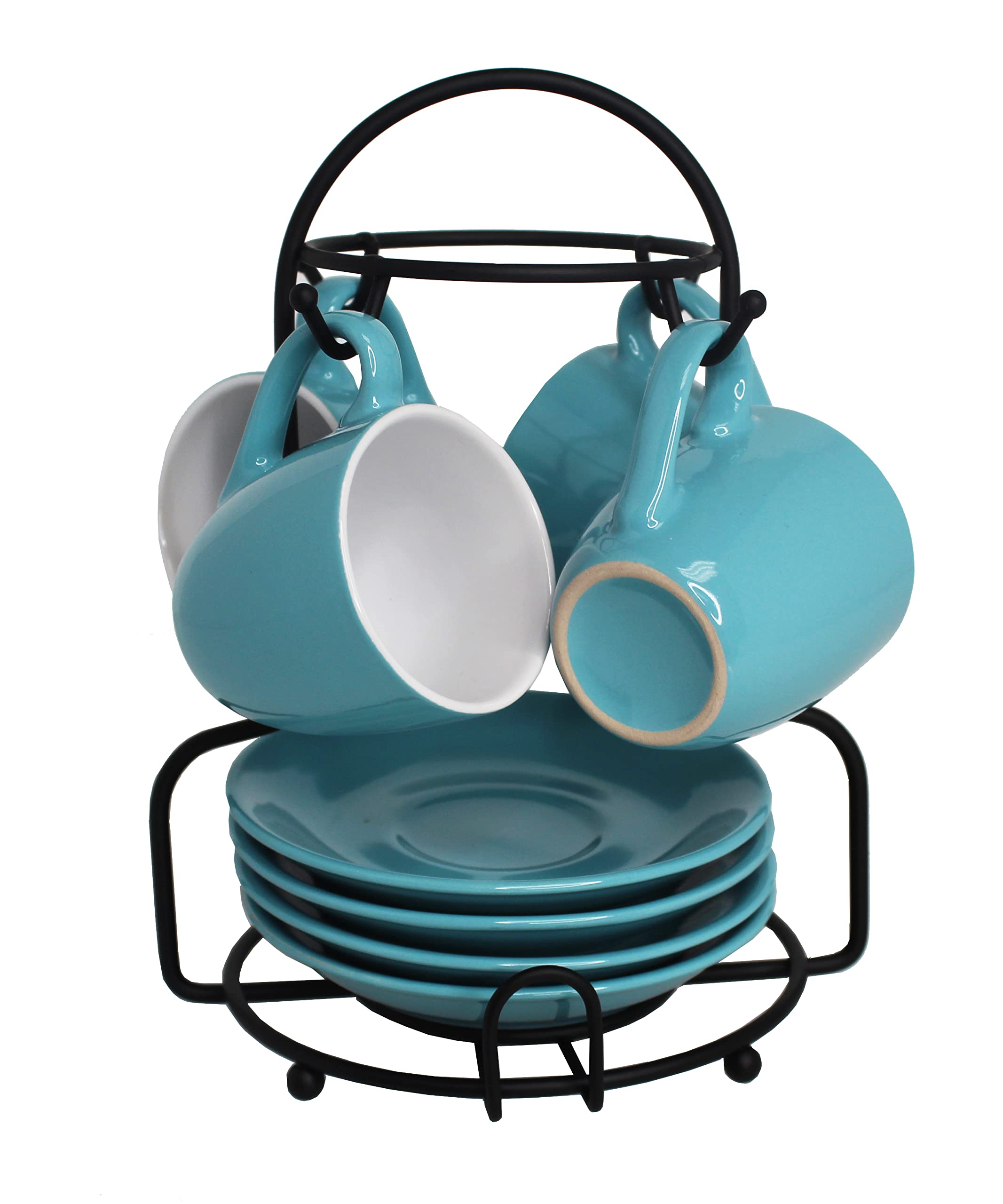 IMUSA USA 8pc 3oz Blue and White Espresso Cups & Saucers Set w/Storing Rack, 8pc, Teal