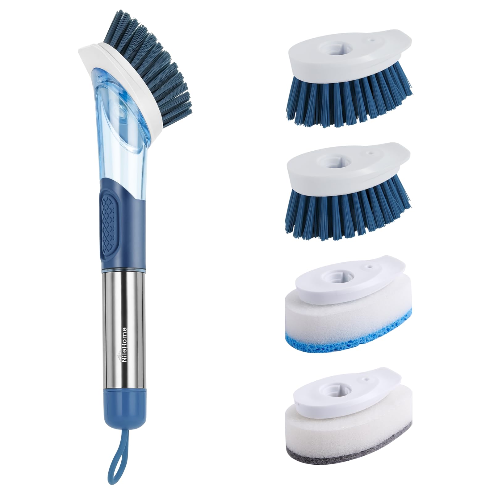 NileHome Dish Brush with Soap Dispenser Dish Scrubber with 4 Replaceable Heads Kitchen Dish Scrub Brush with Stainless Steel Handle Dish Cleaning Brush Dish Wand for Dishes, Pots…