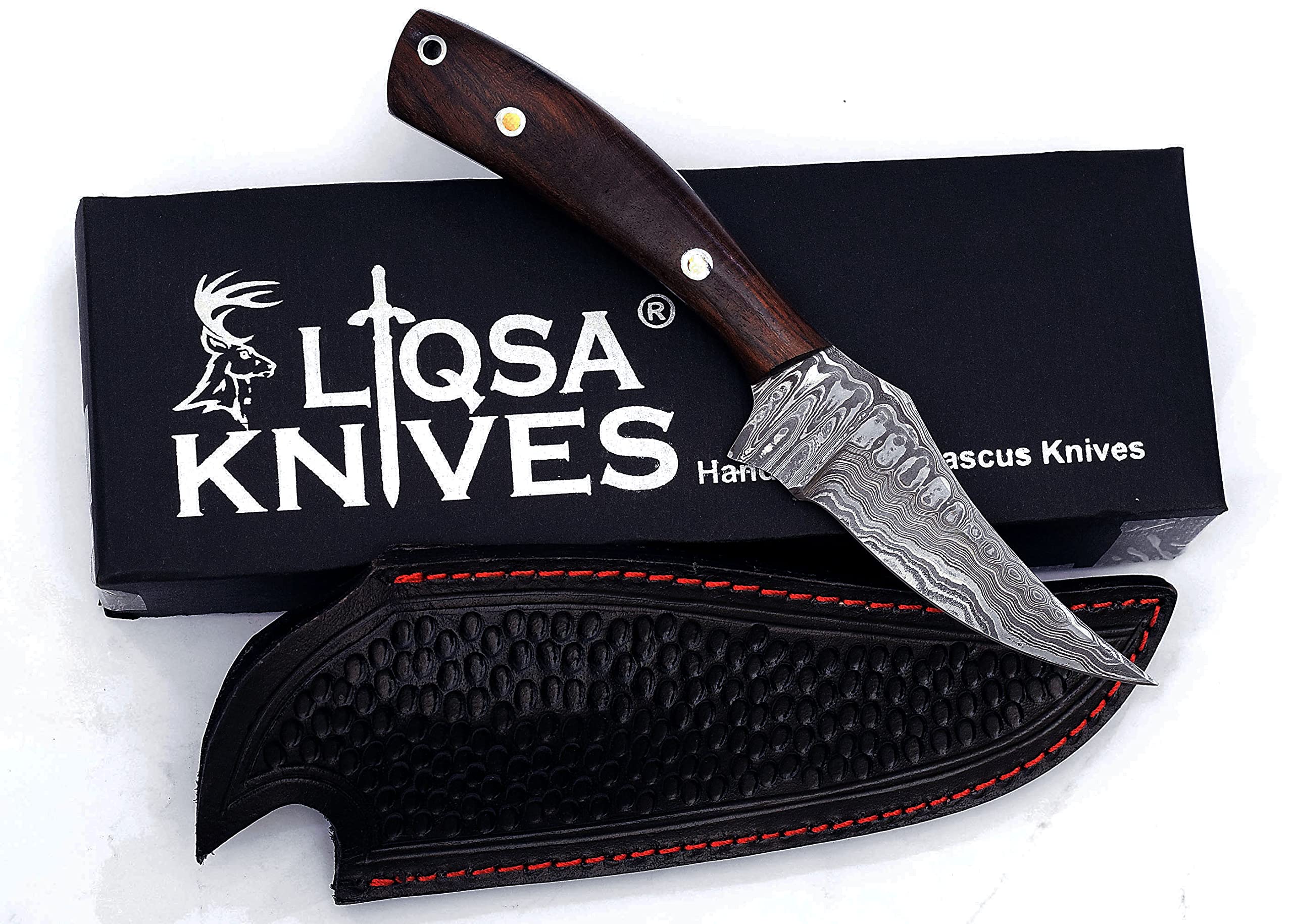 LTQSA 9inch Custom Handmade Damascus blade knife/Fixed blade knife with sheath/Fixed Blade Knives/Skinning Knives/Hunting Knives/EDC Knives (Brown)