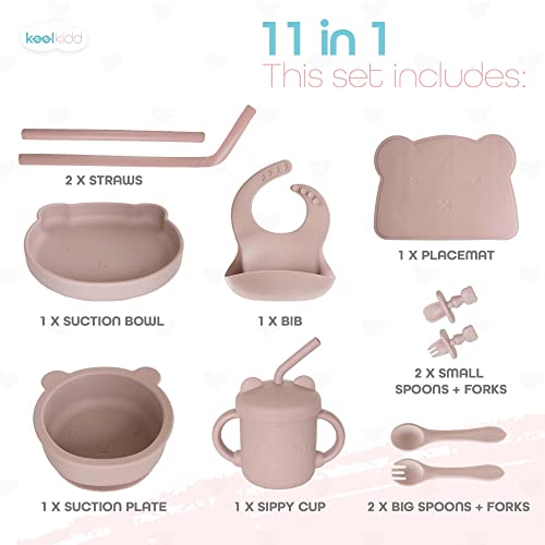 KOOLKIDD 11 in 1 Silicone Baby Feeding Set with Suction Bowl Plate Sippy Cup Spoons Forks Adjustable Bib Placemat for 6+ Months Dishwasher and Microwave Safe (Pink)
