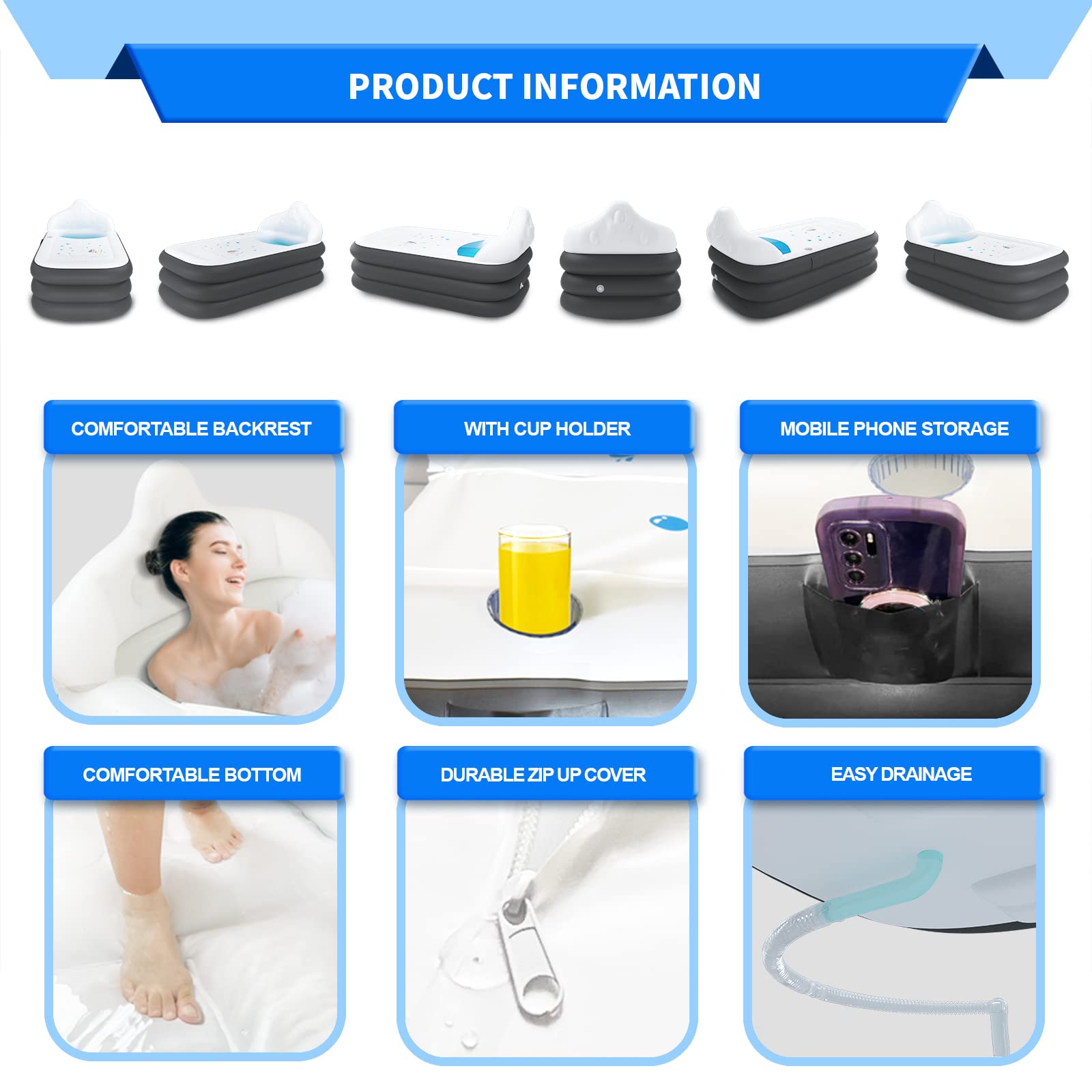 Inflatable Portable Bathtub-Family SPA Freestanding Bathtub with Bath Pillow-Inflatable Bathtub With Neck and Back Support-Suitable For Cold Plunge Tub-Training Tub-Ice Bath & Hot Bath,63''X35''(Grey)