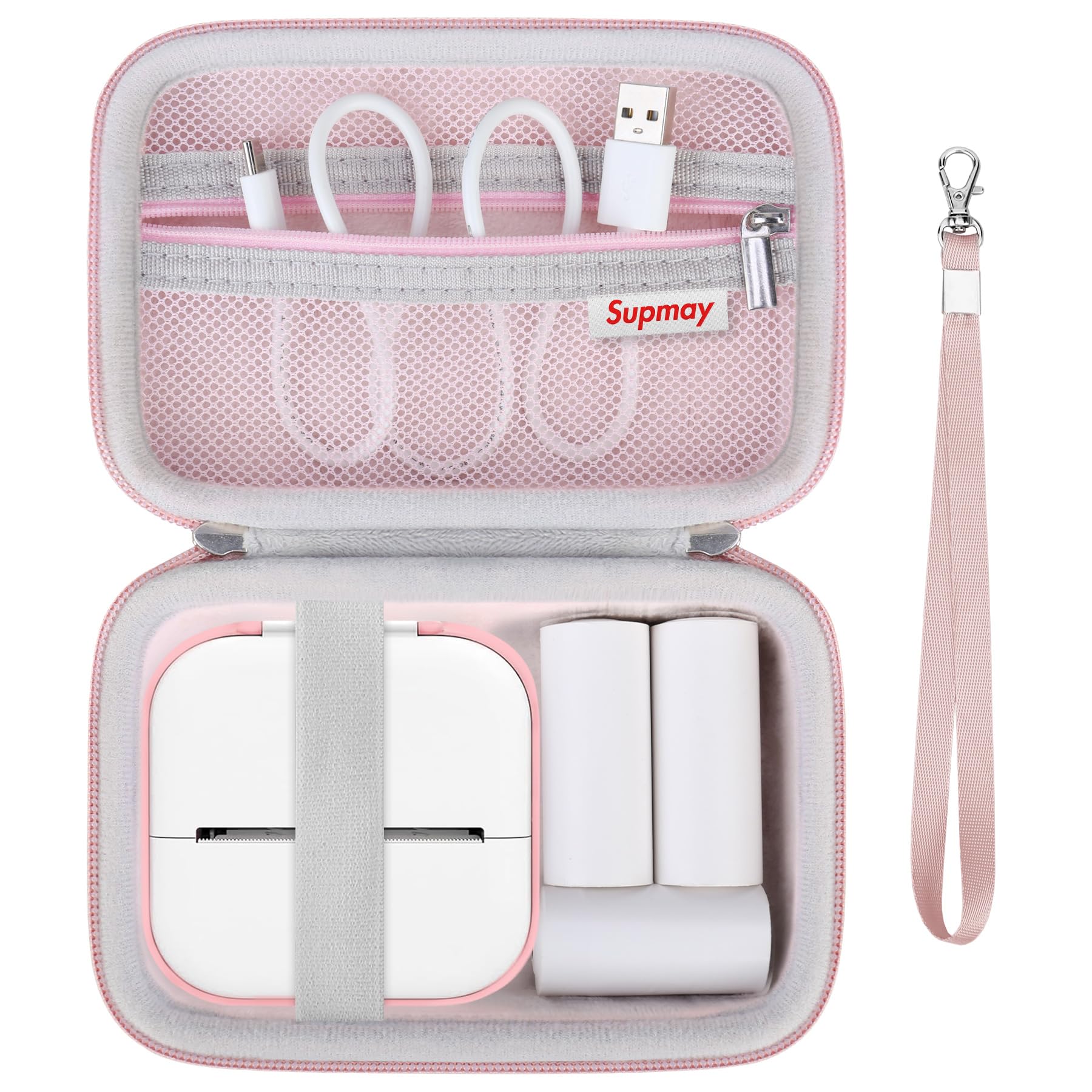 Supmay Hard Case for Memoking Mini Printer - Sticker Printer T02 Portable Thermal Printer Inkless Sticker Maker Machine, Storage Case with Mesh Pocket for T02 Thermal Paper Roll, USB Cable, Pink