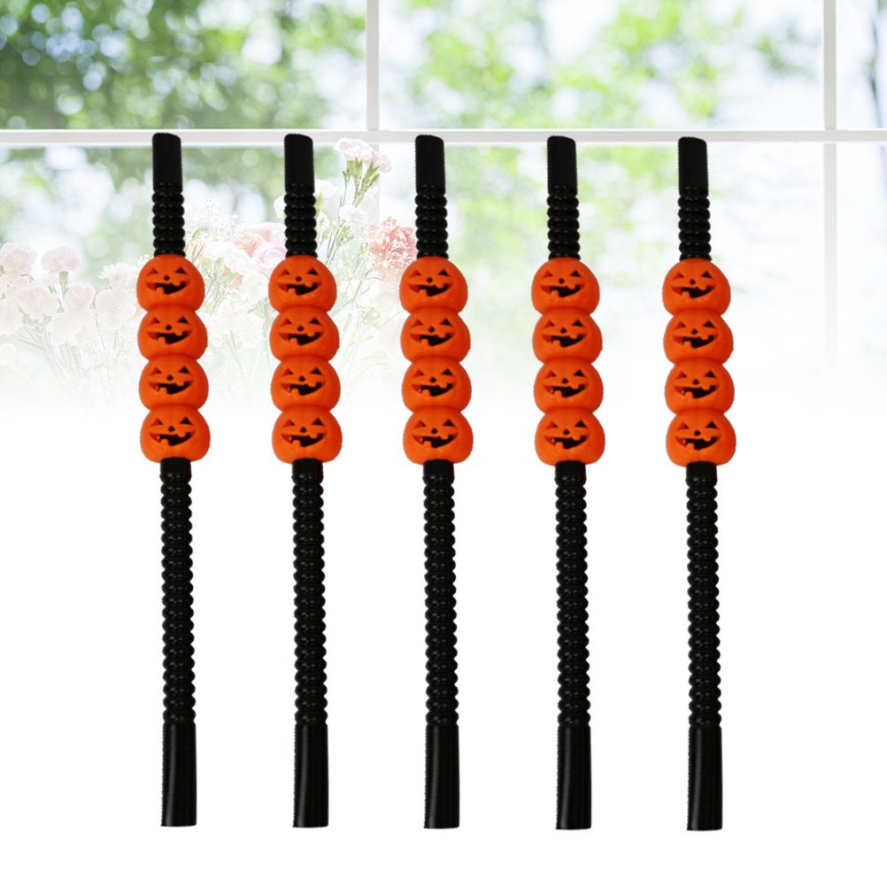 LUOEM Halloween Straws Pumpkin Plastic Party Straws Novely Decorative Drinking Straws Table Decor for Halloween Party Favors Supplies,Pack of 5 (Black)