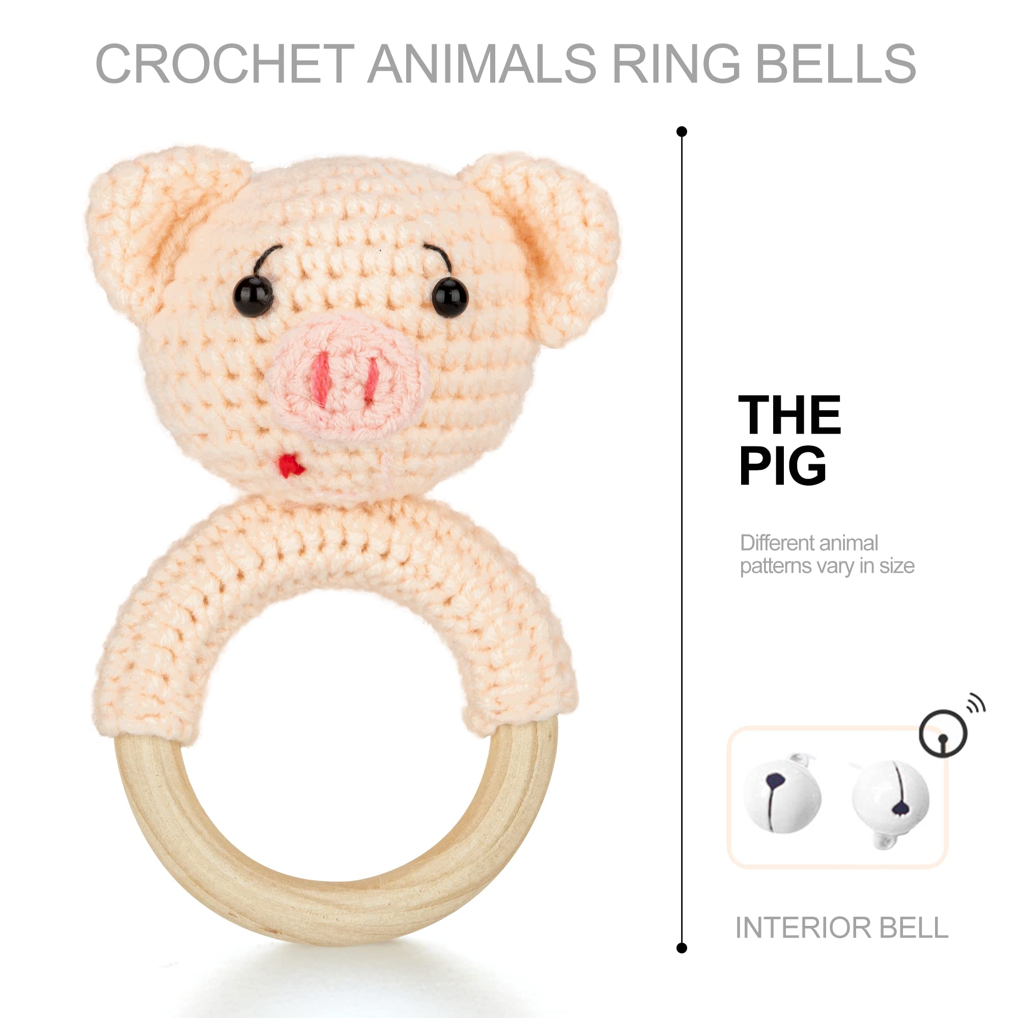 LUJCCHY Animals Wooden Baby Rattle Toys Stuffed Crochet Rattle with Teether Ring for Newborn, Shaker Rattles Natural Infants First Toy Gift