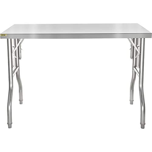 VEVOR 48 x 30 Inch Folding Commercial Prep Table Commercial Worktable Workstation, Heavy-Duty Stainless Steel Folding Table with 220 lbs Load, Silver Stainless Steel Kitchen Island,Kitchen Work Table