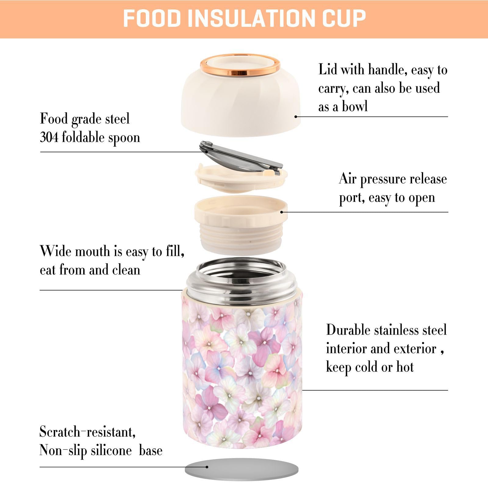 Inflorescence Hydrangea Randomly Arranged Kids Womens Insulated Food Jar Container with Spoon 17oz/500ml Kids Lunch Box Stainless Steel Vacuum Leak Proof Insulated Jar for Keep Food Hot