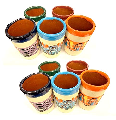 Made In Mexico Mexican Hand Painted Pottery Barro Clay Tequila Shots Glasses Set of 10 Assorted - Vaso Tequilero
