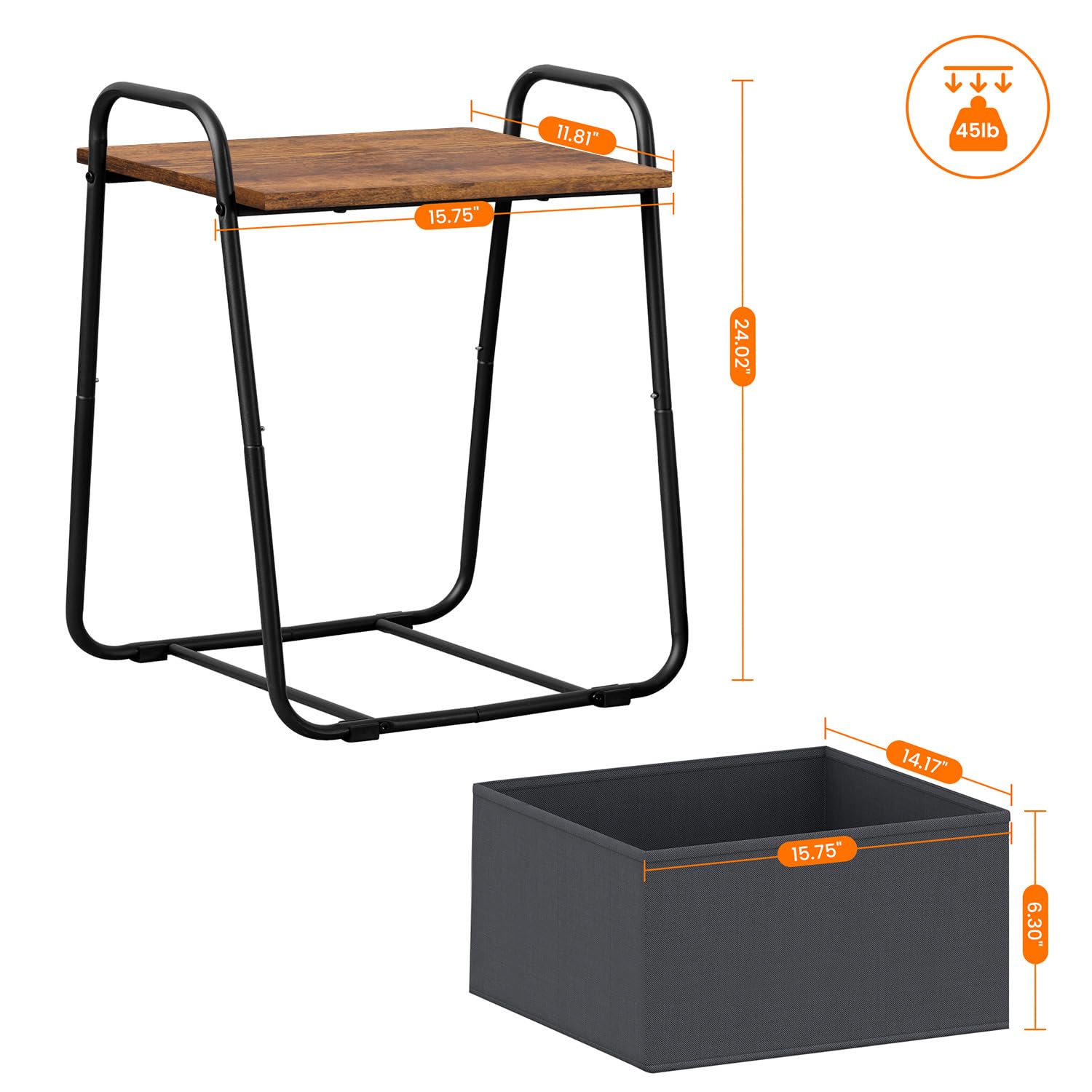 Heybly Side Table Set of 2, Nightstand with Fabric Storage Basket, Sofa End Table with Metal Frame for Living Room, Bedroom, Rustic Brown and Black HET002NSR2