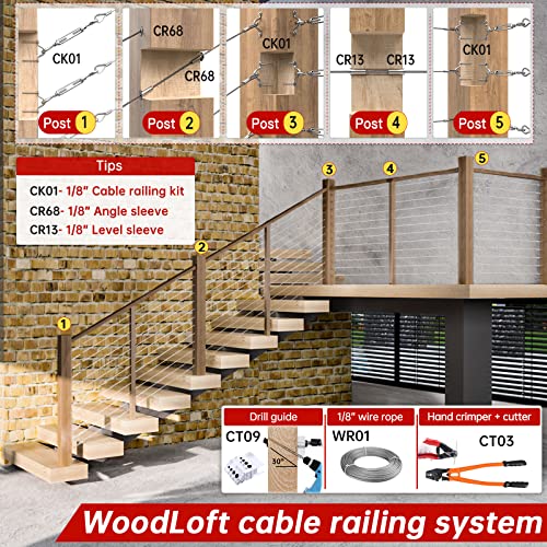 Muzata 20Set 1/8" Cable Railing Kit Hardware Heavy Duty Turnbuckle M5 Eye to Eye for Wood Post Wire Rope Stainless Steel Angle Adjustable WoodLoft System Deck Stair 20 Cable Lines CK01,CA4 CA5