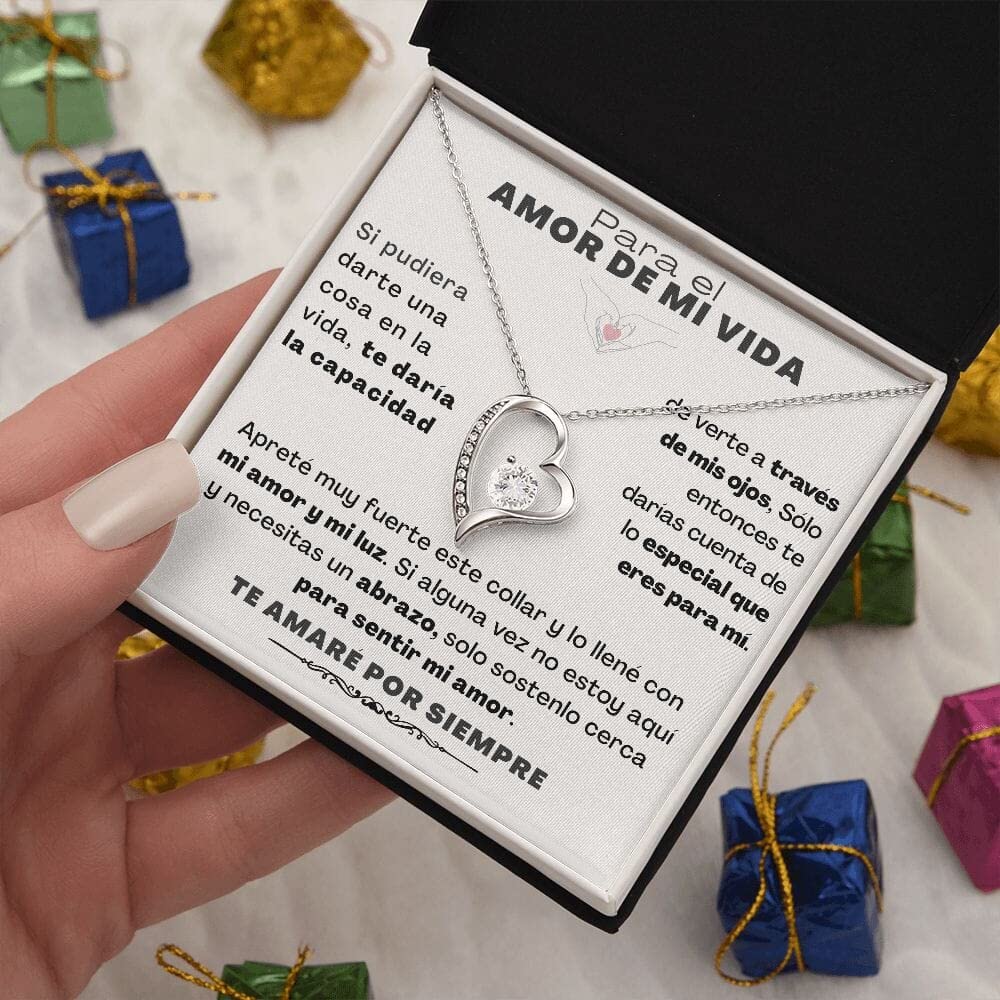 para el Amor de mi vida - Collar Por Siempre Amor - Forever Love B&W Acabado en Oro Amarillo de 18 quilates. / Cajita de Lujo Madera con Luz Led