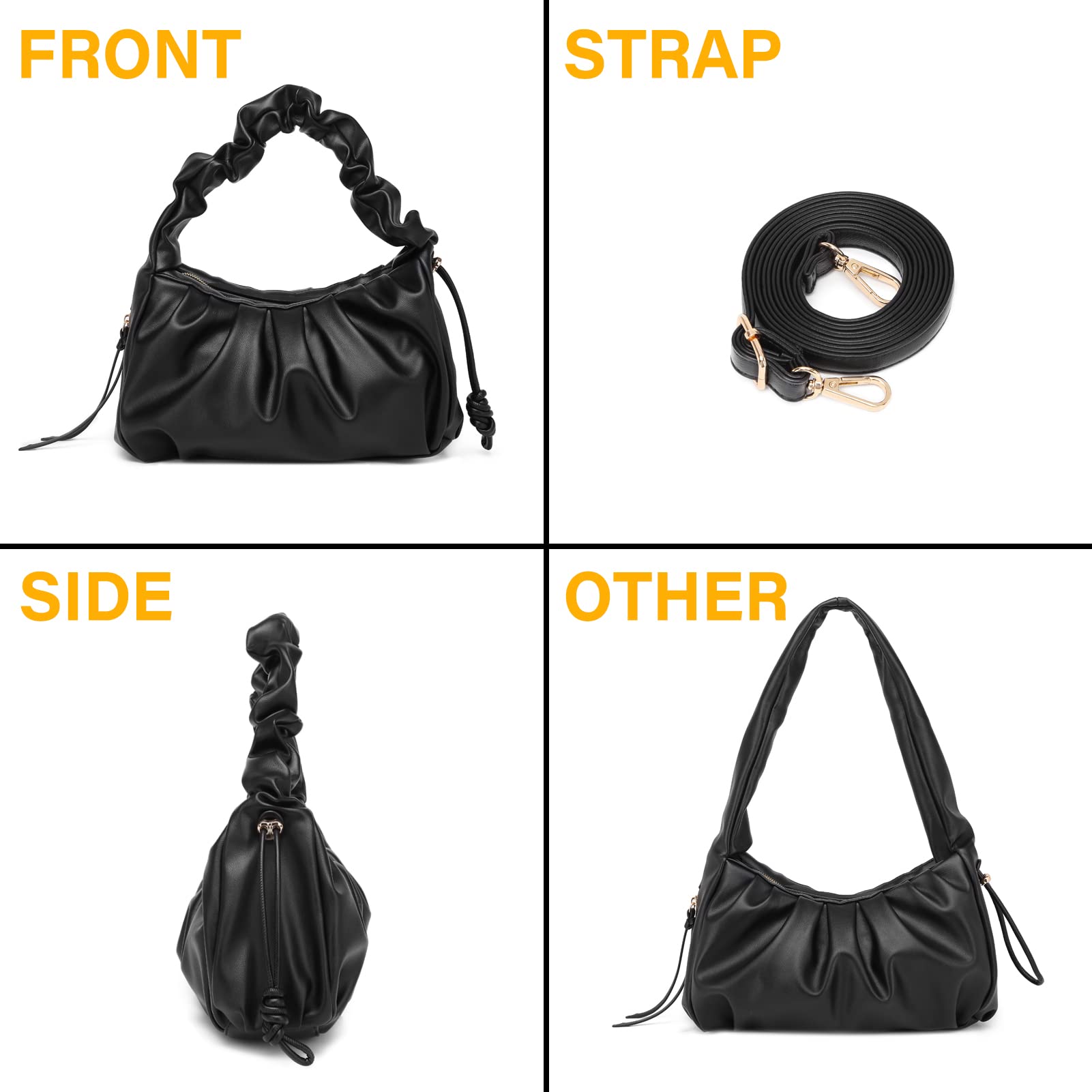 LUCKWE Ruched Hobo Bags for Women Satchel Purses Handbag Medium Crossbody Bags Drawstring Designer Shoulder Bag (Black)