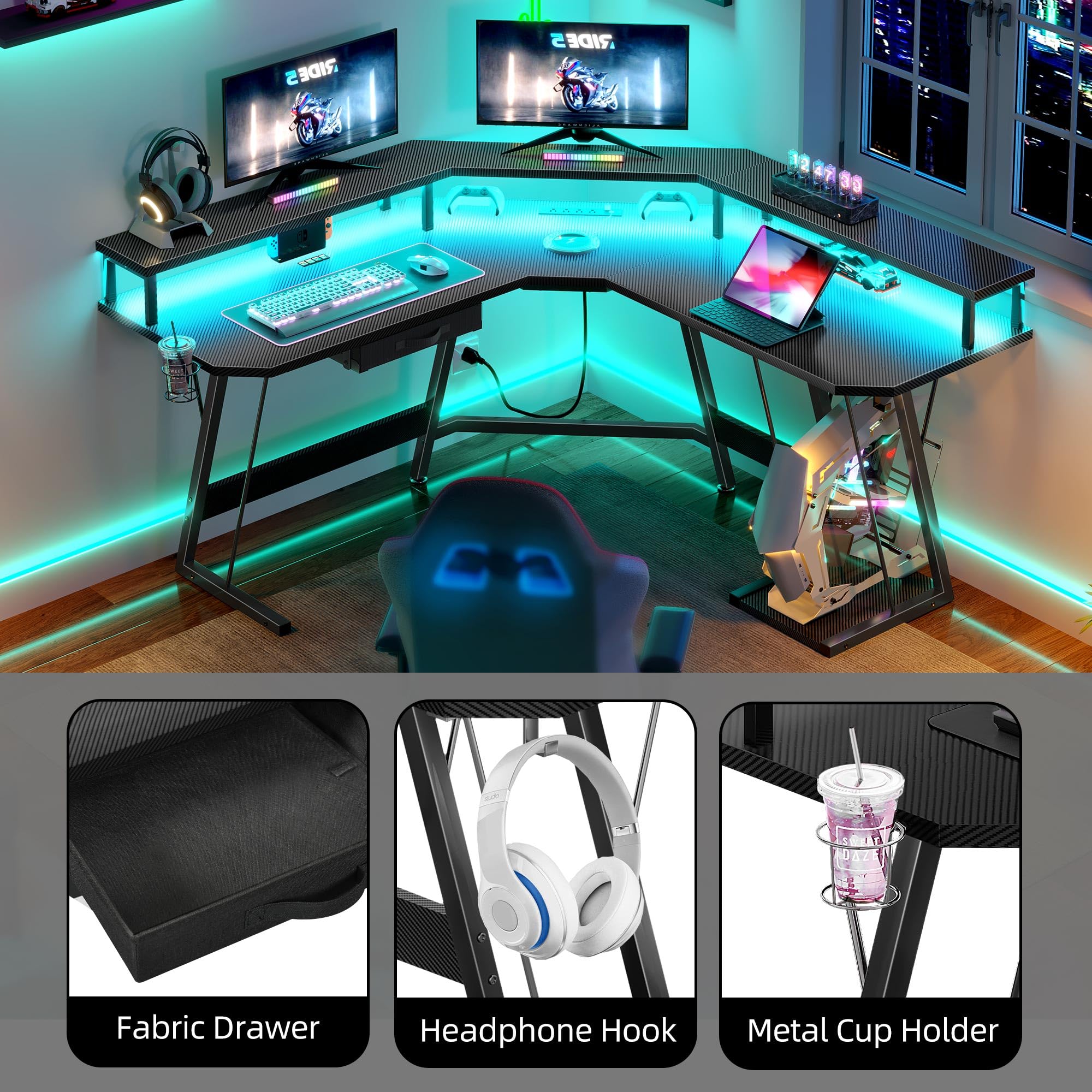 YITAHOME L Shaped Gaming Desk with LED Lights & Power Outlets, 55" Computer Desk with Drawer & Monitor Stand & Carbon Fiber Surface, Home Office Corner Desk with Cup Holder & Hook, Black