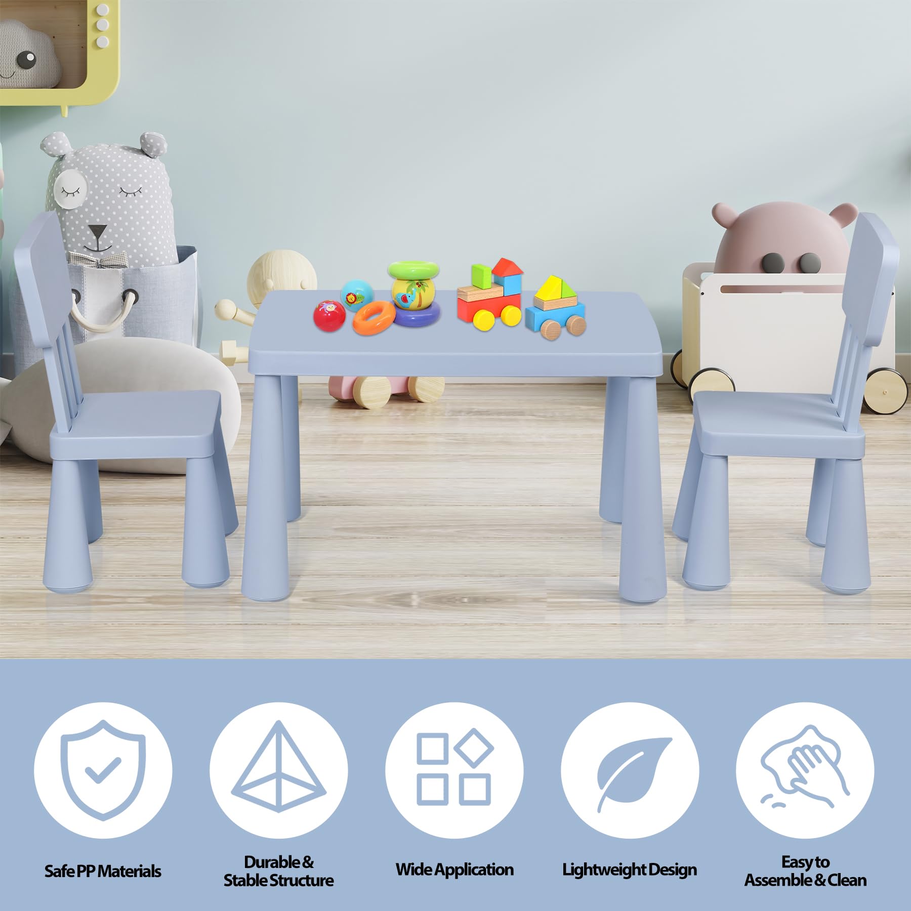 Saicool Kids' Table with 2 Chairs Set,3 Pieces Plastic Activity Table with Chair set for Toddlers, for Classroom or Home, Blue