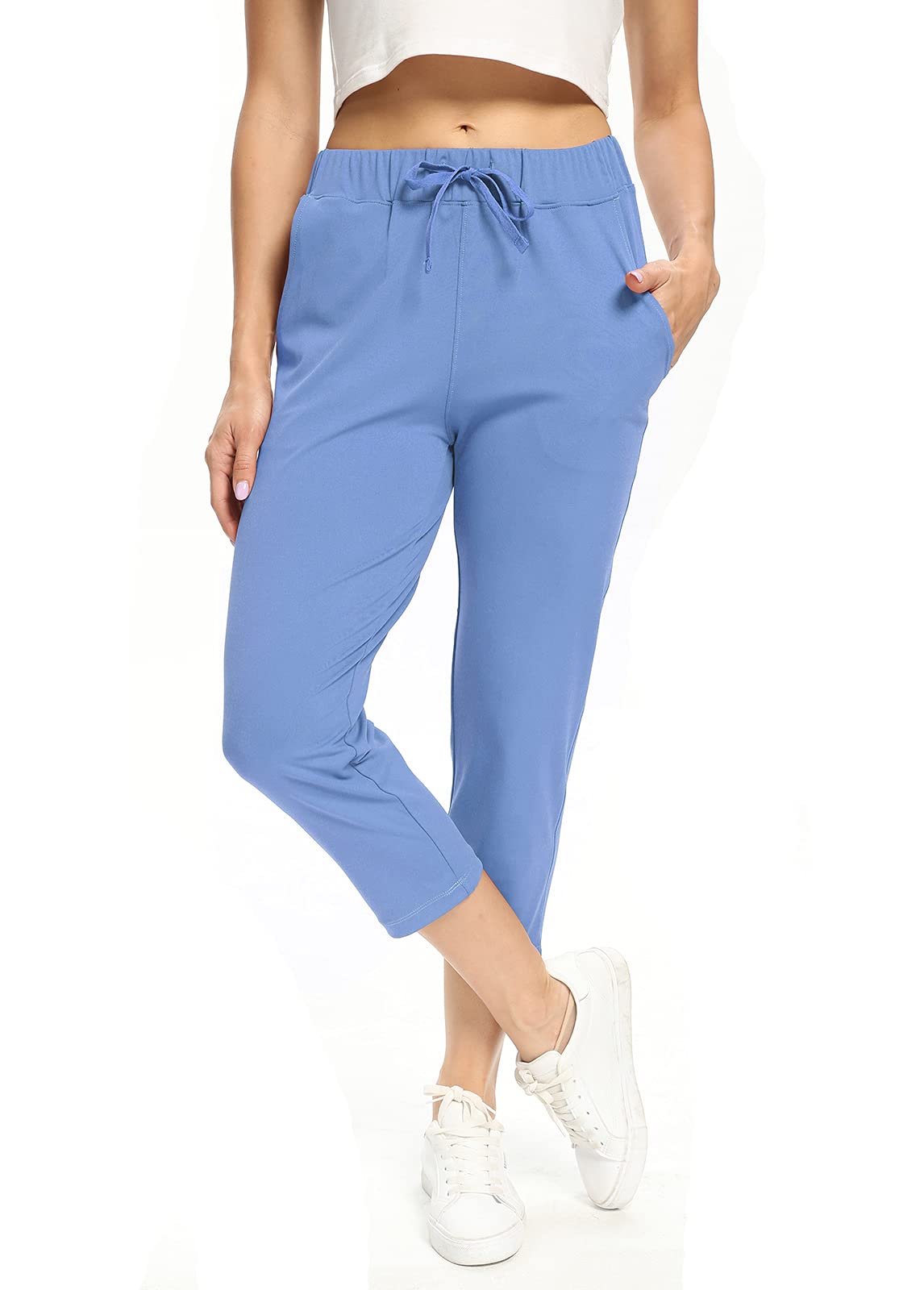 HTB Women Capris Summer Jogger Workout Sweatpants Stretch Drawstring Comfy Yoga Golf Pants Lounge Pajama Capris with Pockets(Blue,US XXL)