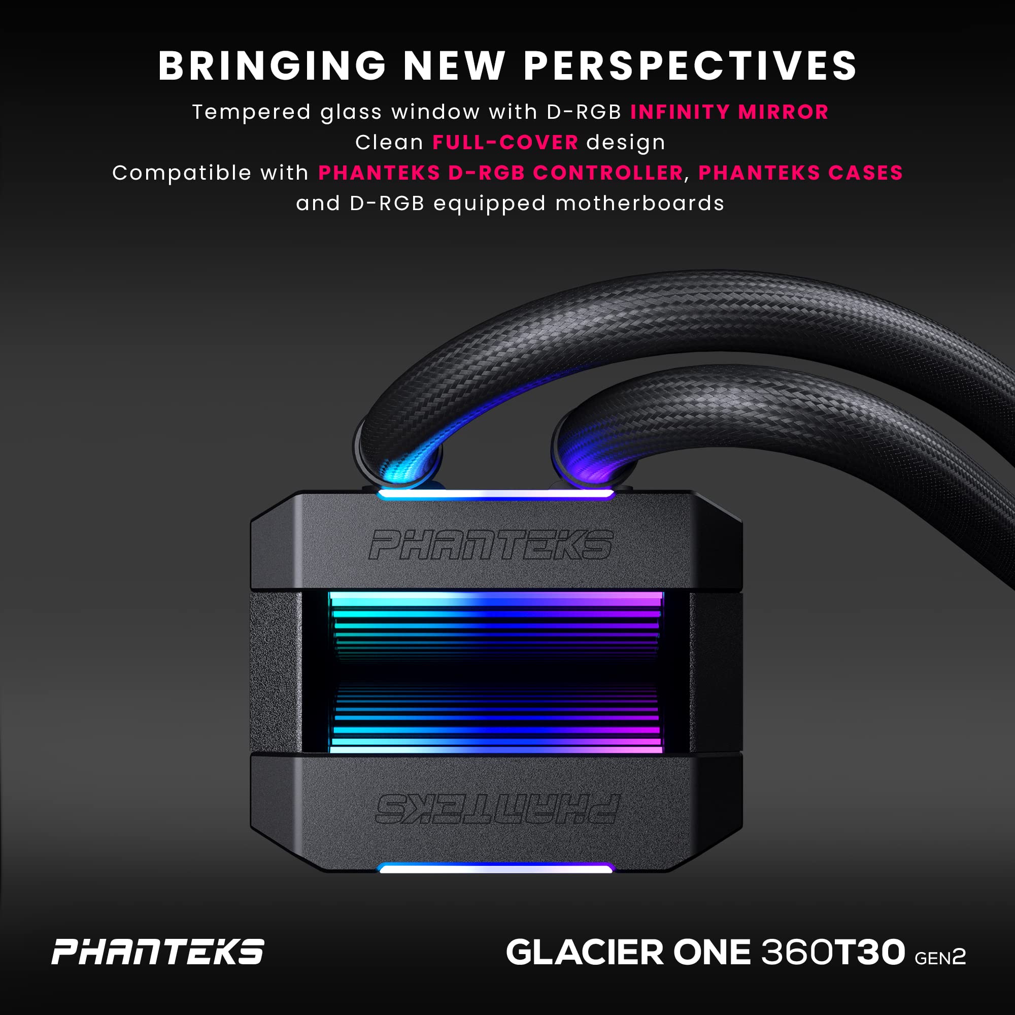 Phanteks (PH-GO360T30_DAG02) Glacier One 360T30 Gen 2 D-RGB AIO Liquid CPU Cooler, 360mm Radiator, Infinity Mirror Pump Cap Design, Aluminum Covers, 3X T30-120 Premium High-Performance Fans, Black