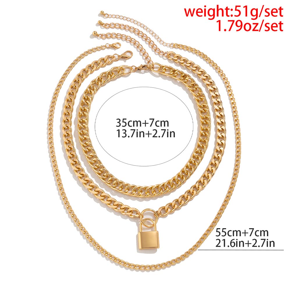 Jumwrit Chunky Chain Necklace Punk Layered Choker Necklaces Cuban Link Chain Necklace with Lock Pendant Necklace Statement Necklace for Women(Silver)
