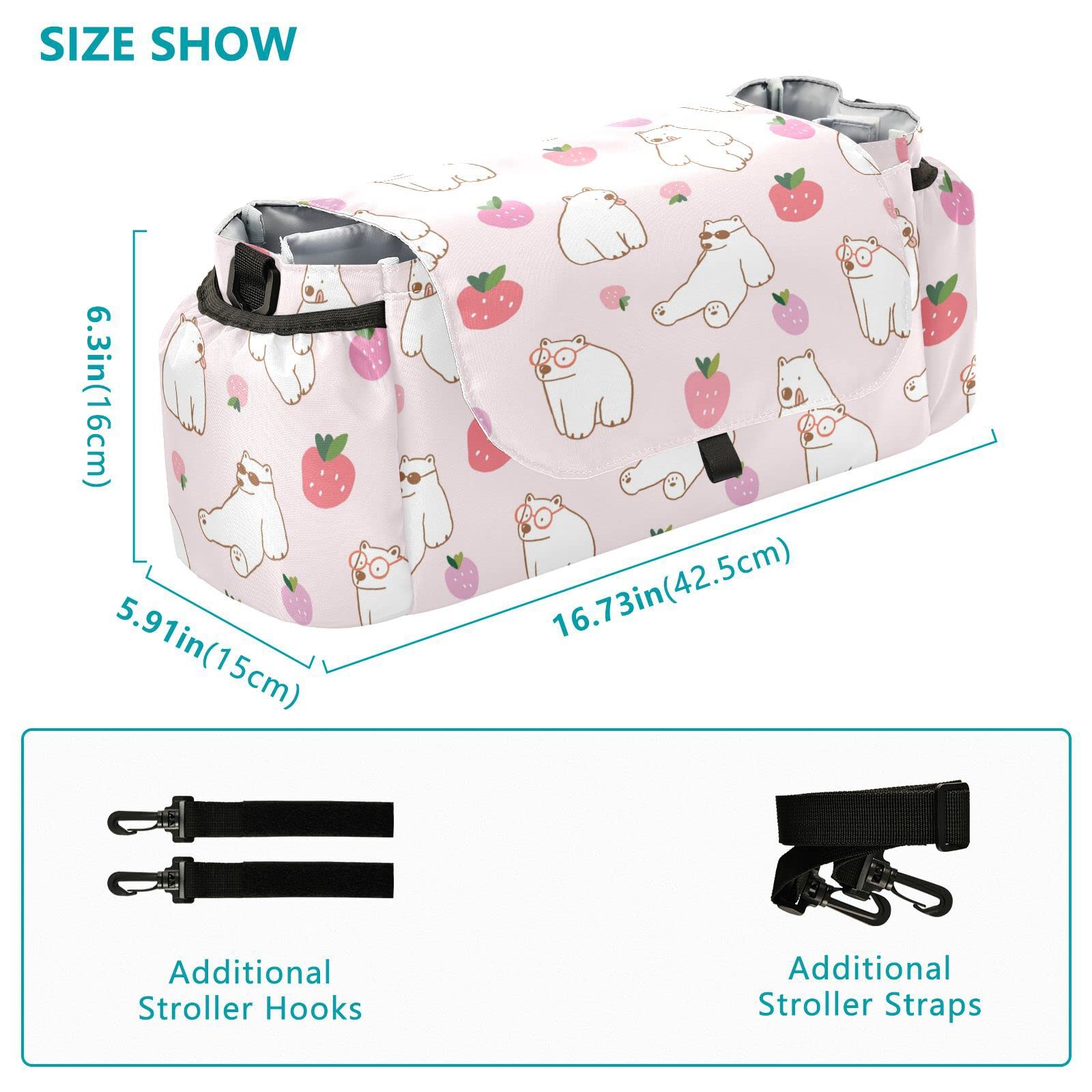 Kigai Cartoon White Bear Baby Stroller Organizer with Cup Holders, Secure Hooks Accessories Adjustable Strap Stroller Bag for Bottle, Diaper, Phone, Toys, Baby Items
