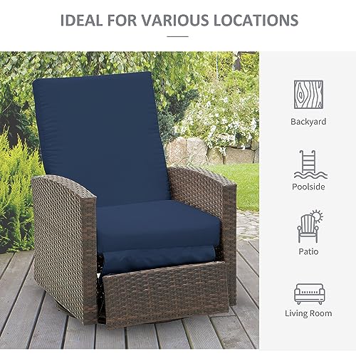 Outsunny Outdoor Wicker Swivel Recliner Chair, Reclining Backrest, Lifting Footrest, 360° Rotating Basic, Water Resistant Cushions for Patio, Dark Blue