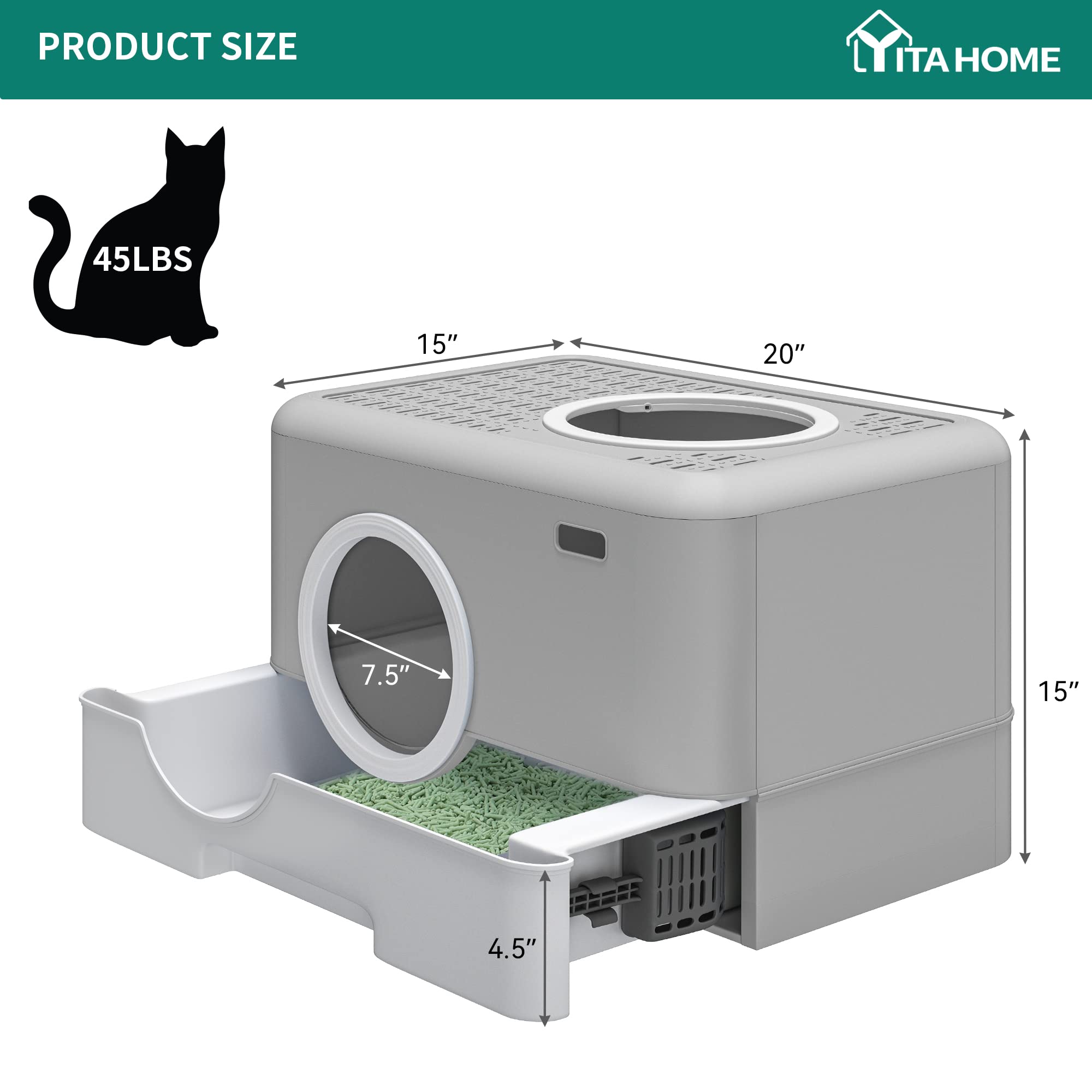 YITAHOME Large Enclosed Cat Litter Box with Lid Cover, Hooded Odorless Anti-Splashing Cat Toilet with Drawer Litter Scoop Front Entry Top Exit Door, Easy to Install and Clean