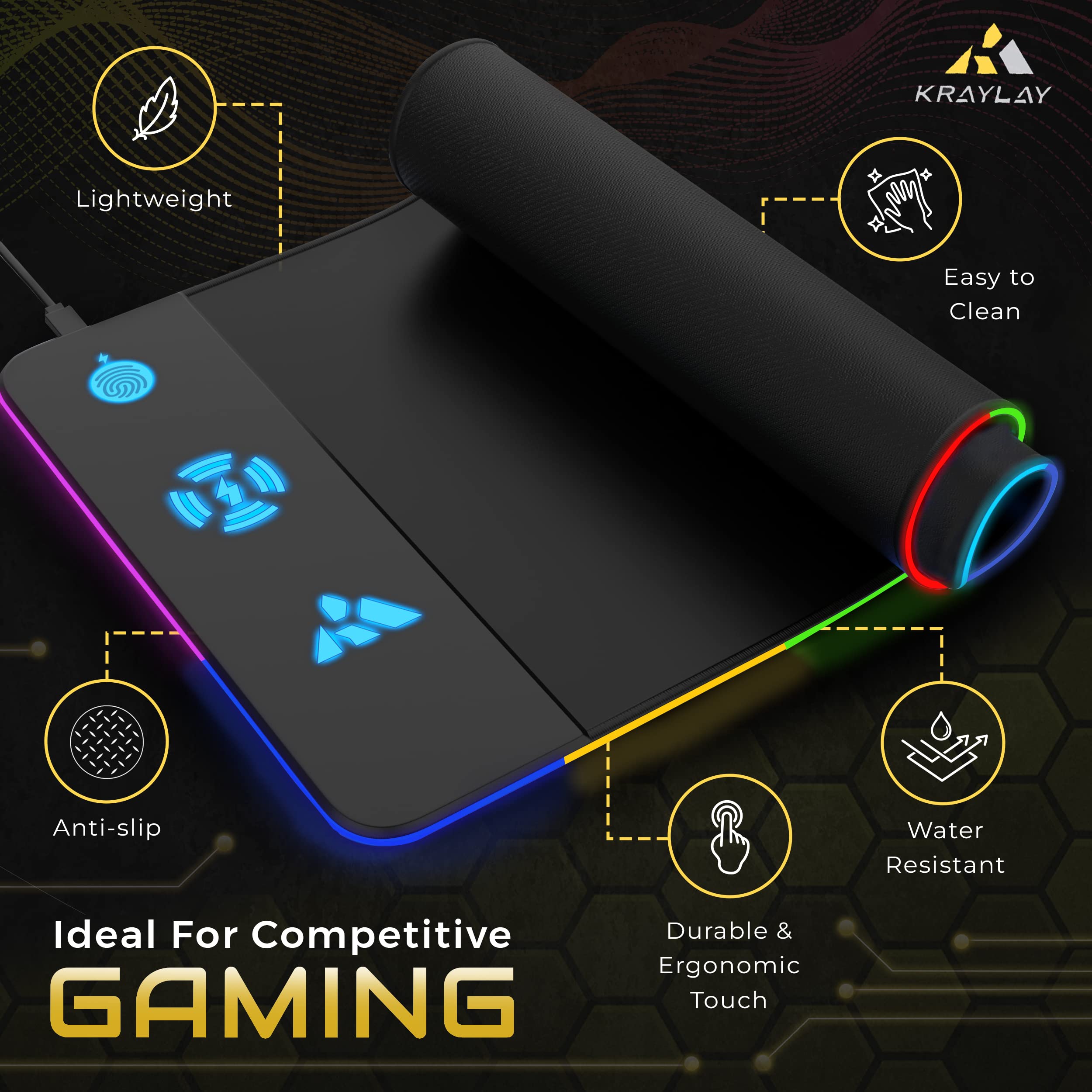 Kraylay XXL RGB Gaming Mouse Pad with Wireless Charger, 11 Colors LED Mouse Mat with 10W Fast Charging, Non Slip Extended Big Mousepad, Black Gaming Mouse pad for Laptop, PC, Office, and Gaming