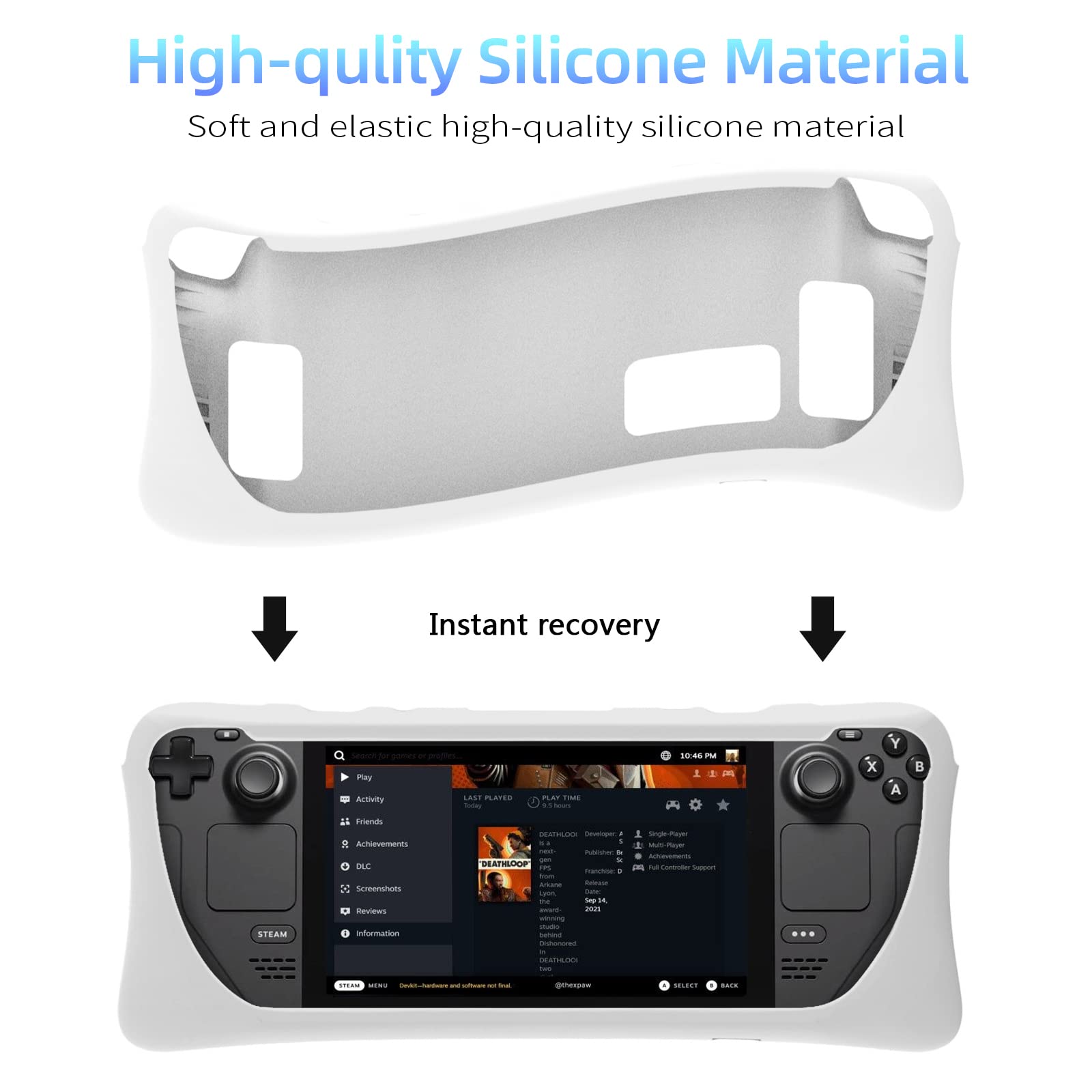 OFFCURVE Case for Steam Deck, Silicone Cover Case with Screen Protector & 2 Pairs Thumb Grips for Vavle Steam Deck Skin Shock-Absorption, Non-Slip and Anti-Scratch Design Steam Deck Accessories, White
