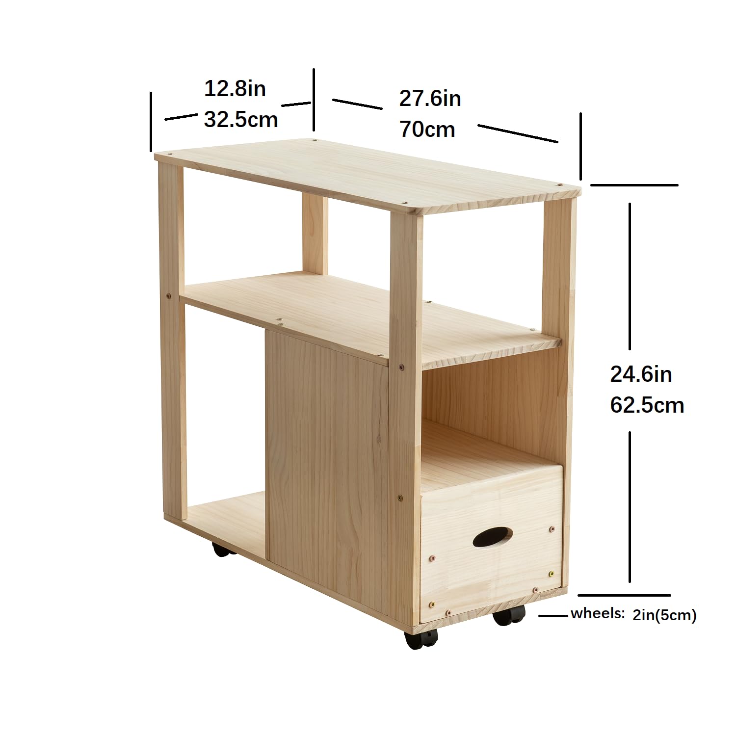 Heehee Movable Solid wood Sofa Side Table with Wheels sofa sideboard Narrow End Table Bedside Nightstand with Storage Shelves corner table for living room Bedroom