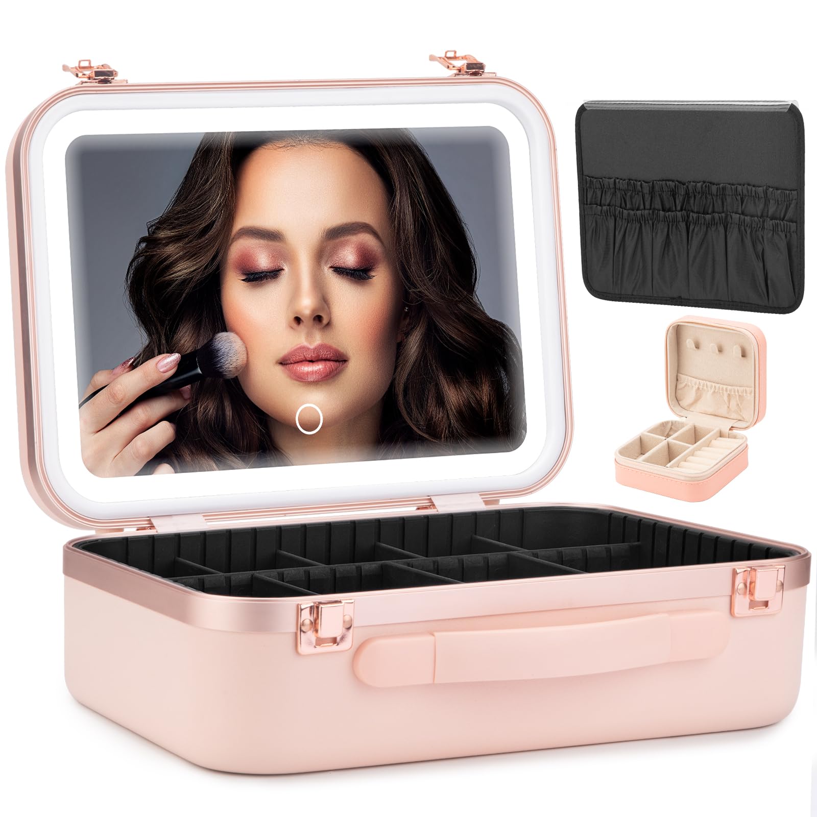 S&N Remille Travel Makeup Case with LED Light Mirror, Portable Waterproof Makeup Bag with 3 Adjustable Color Brightness Professional Cosmetic Train Case Organizer with Adjustable Dividers