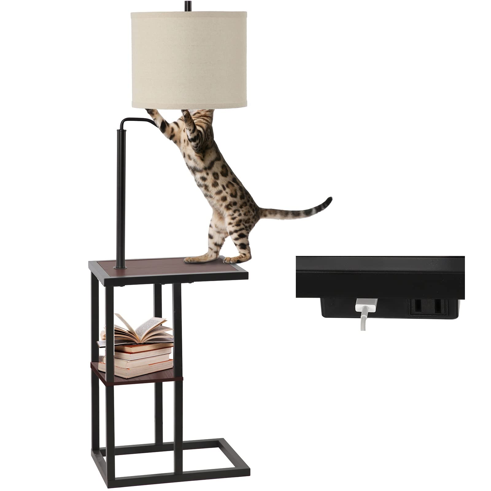 hykolity Floor Lamp W/ End Table and USB Charging Port, Modern Bedside Nightstand Lighting, Walnut Attached Side Table W/ Shelves for Living Room, Bedroom, Guest Room, Bulb Sold Separately