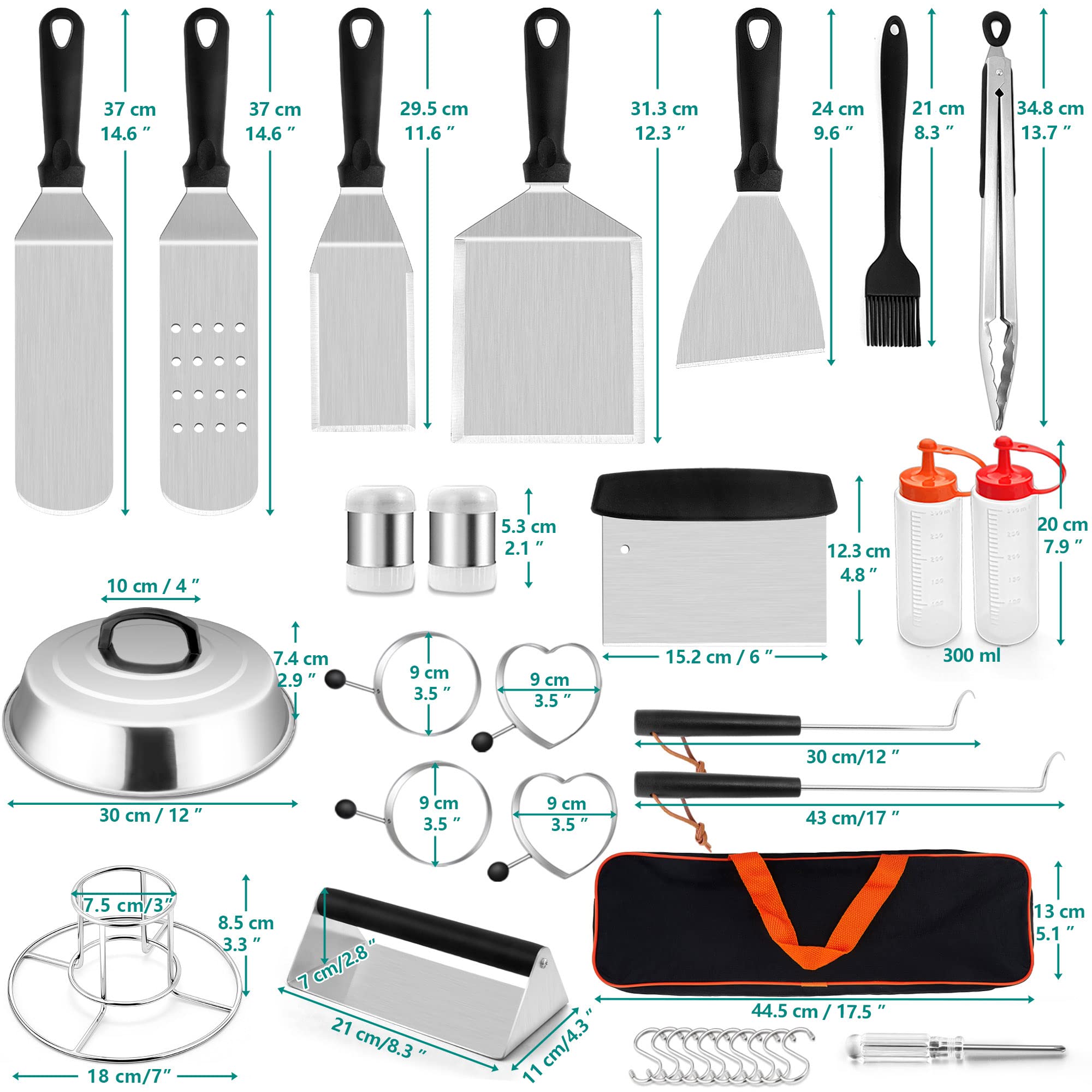 Leonyo Griddle Accessories Set of 23, BBQ Grill Accessories for Outdoor Grill, Stainless Steel Griddle Spatula Tools with Metal Grill Scraper Burger Press Melting Dome for Heavy Duty Flat Top Grill