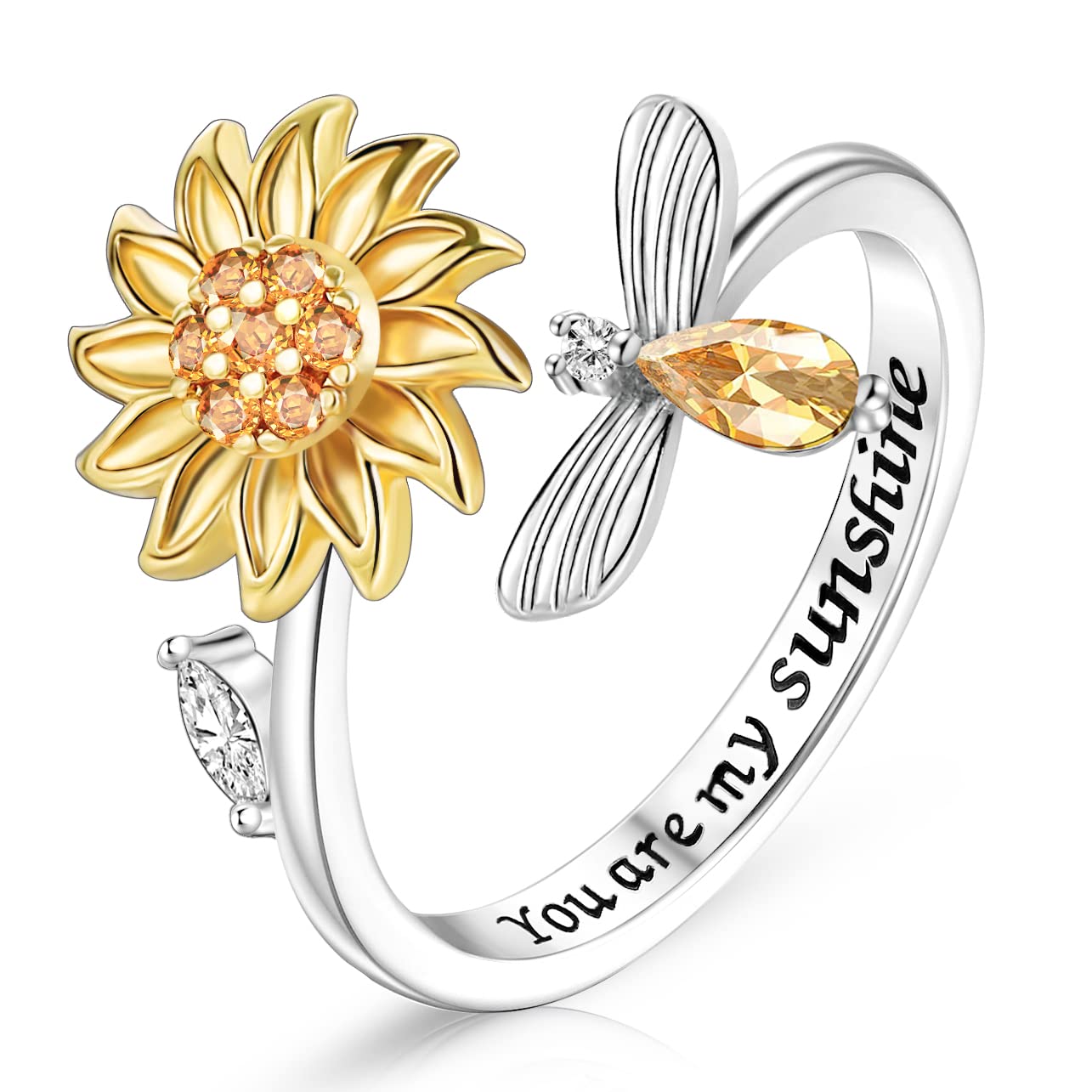 LYLYMIMI Sterling Silver Fidget Anxiety Rings for Women Adjustable Open Ring Cubic Zirconia Sunflower Spinner Jewelry -b